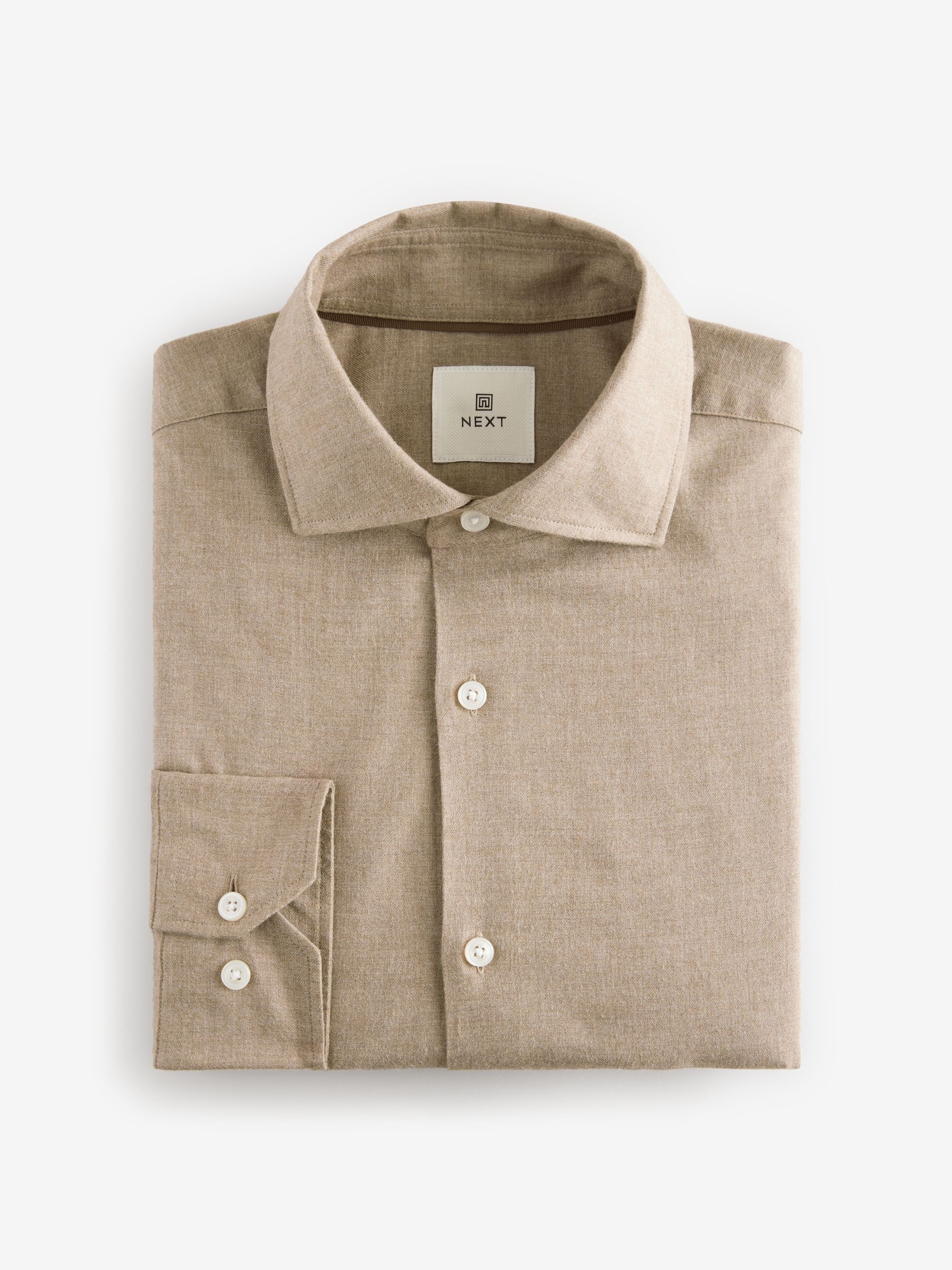 Buy Neutral Brown Regular Fit Brushed Flannel Single Cuff Formal 100% ...