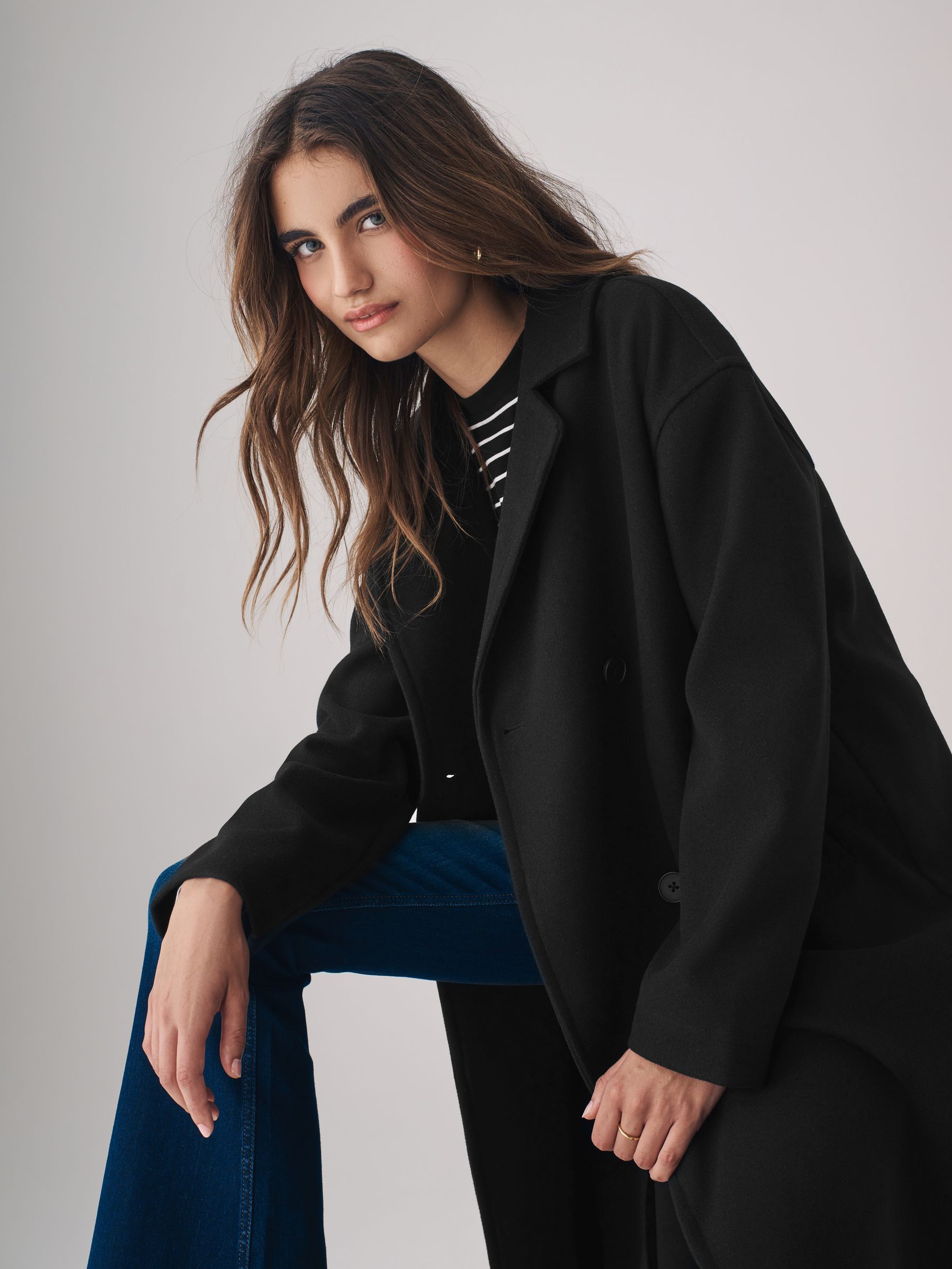 Buy The Set Black Relaxed Double Breasted Longline Coat from the Next ...