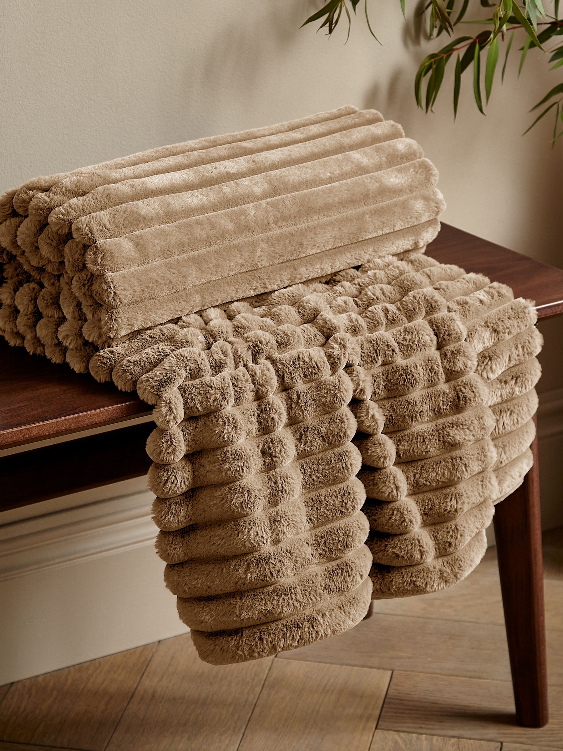 Buy Catherine Lansfield Natural Soft and Cosy Ribbed Faux Fur Throw ...