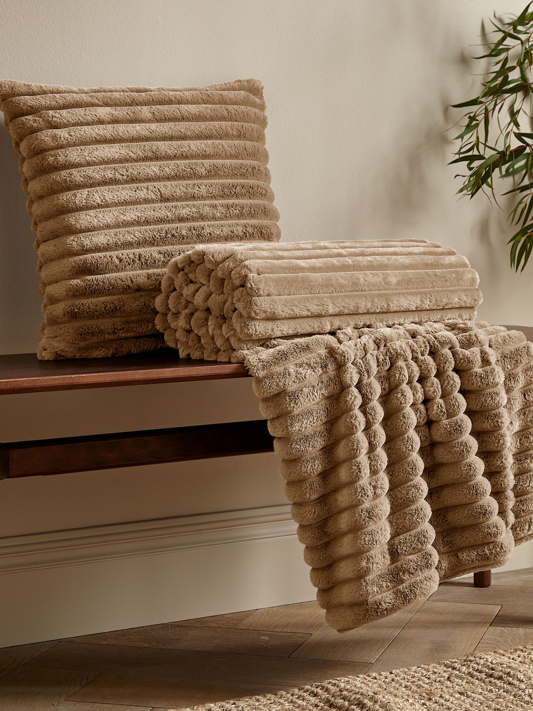 Buy Catherine Lansfield Natural Soft and Cosy Ribbed Faux Fur Throw ...