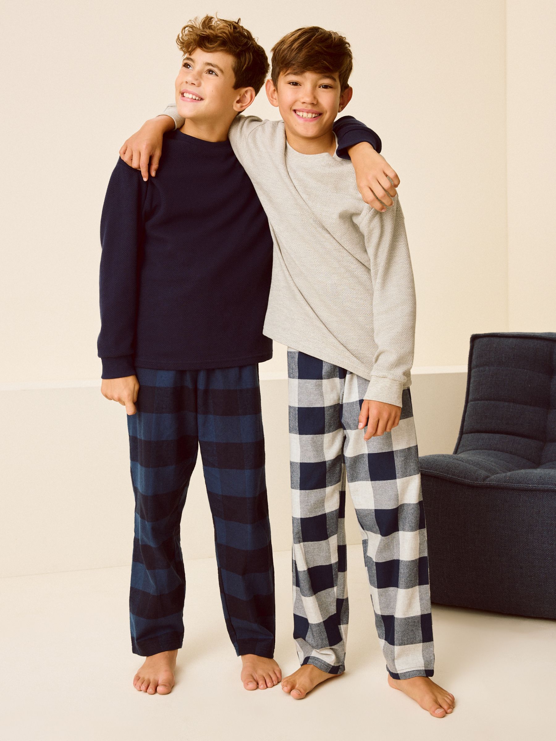 Buy Navy/Grey Textured Top Long Sleeve Woven Check Pyjamas 2 Pack (3 ...