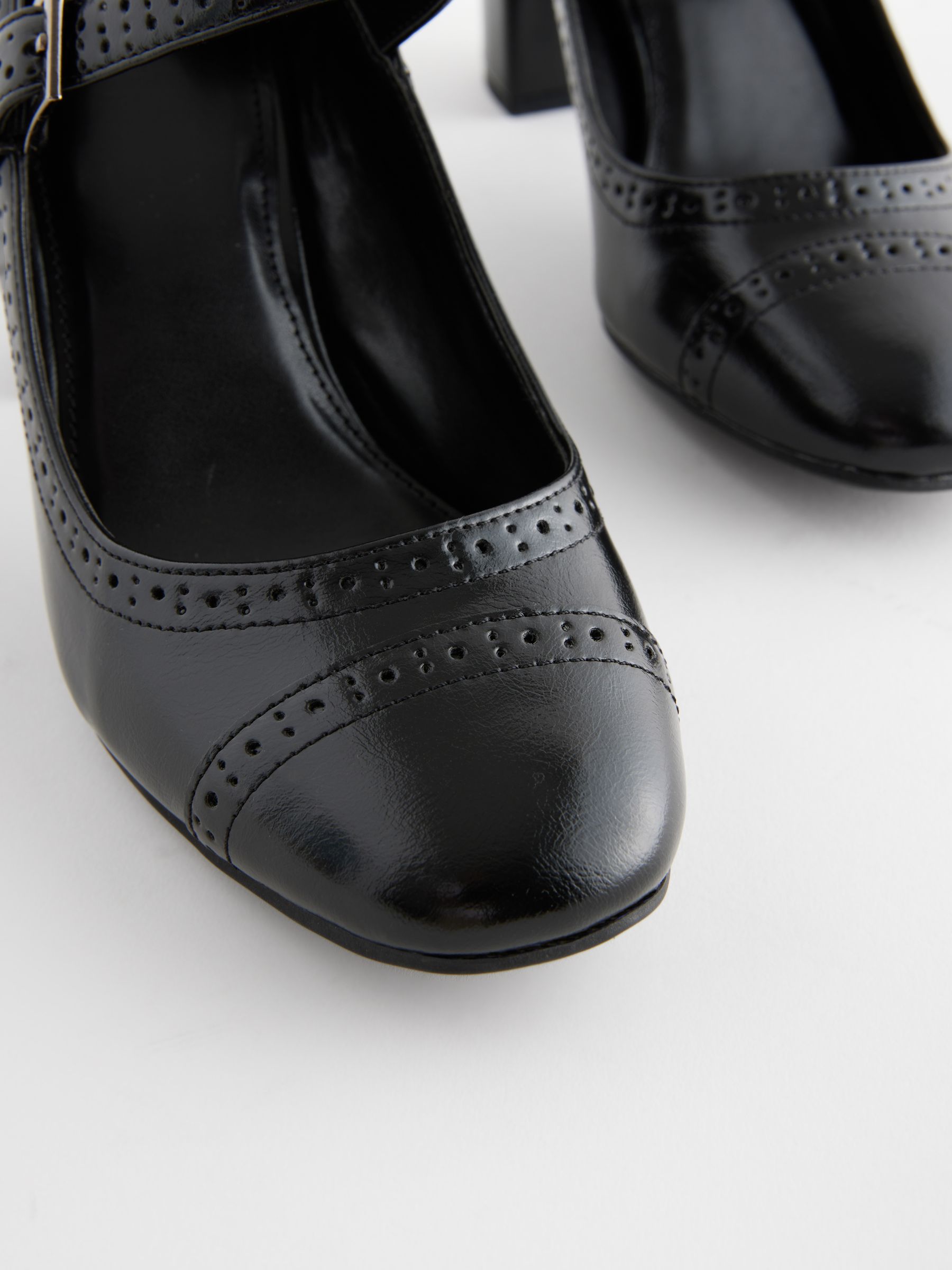 Buy Black Standard/Wide Fit Brogue Round Toe Block Heel Court Shoes ...
