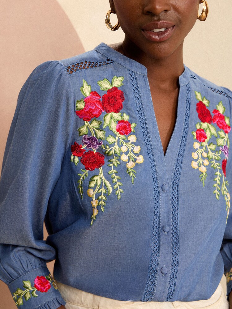 Buy Love & Roses Chambray Blue Embroidery Embroidered V Neck 3/4 Sleeve ...