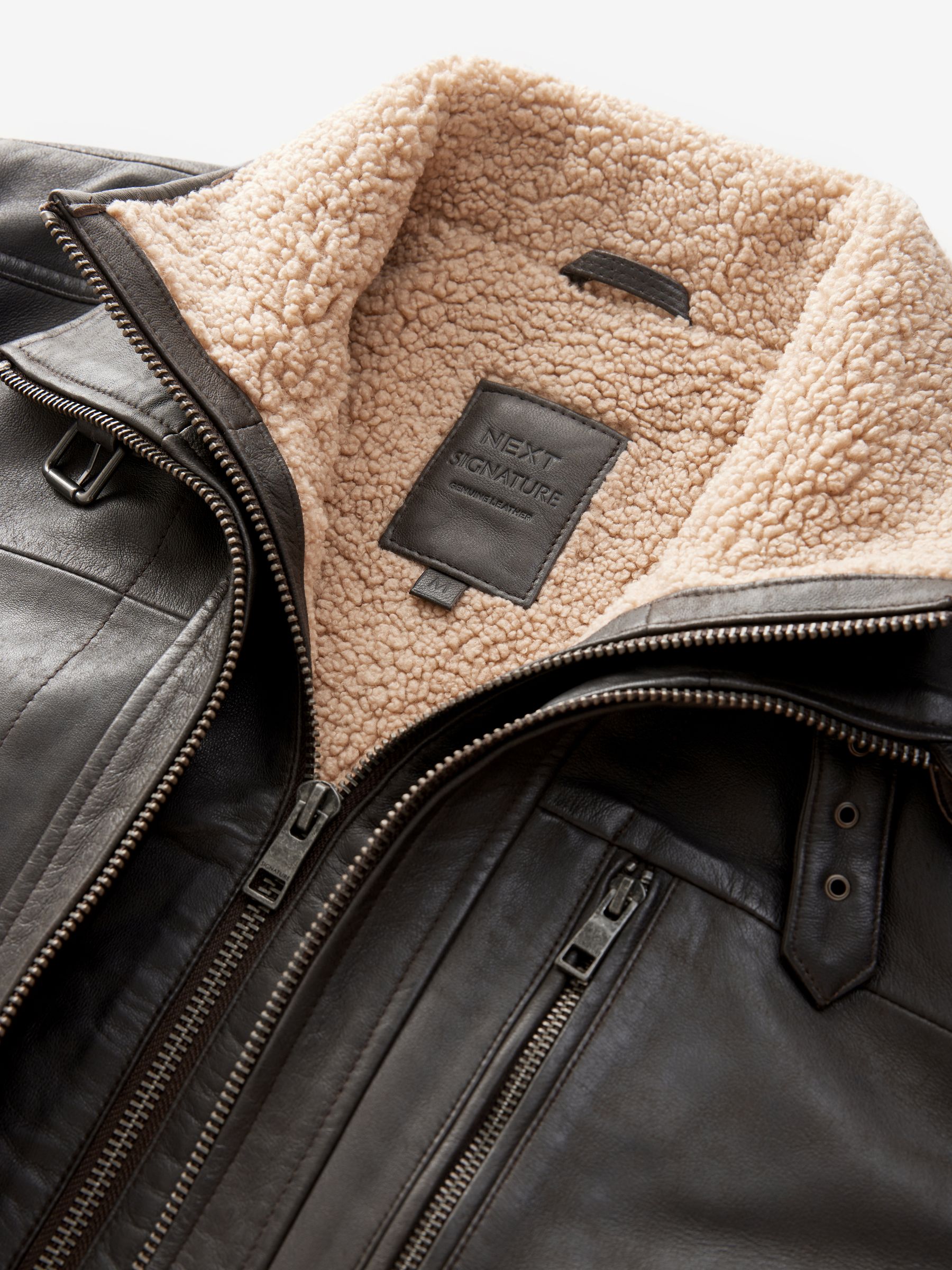 Buy Brown Signature Four Pocket Borg Lined Leather Jacket from the Next ...