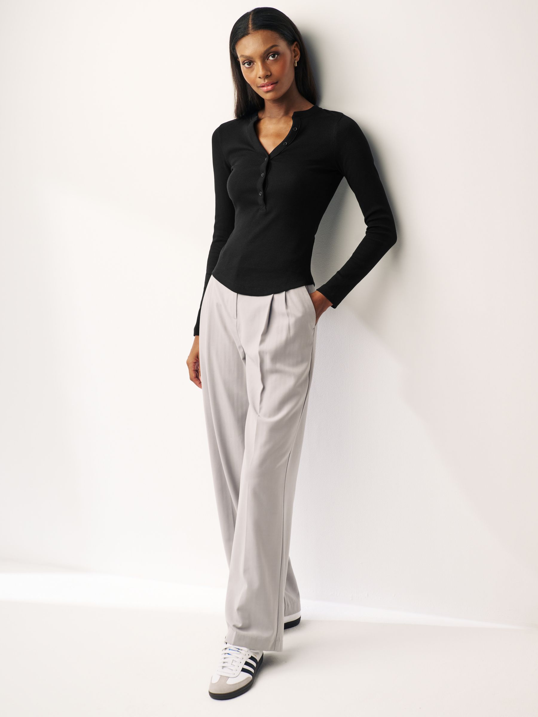 Buy Black Ribbed Button Detail Long Sleeve Henley Top from Next Australia