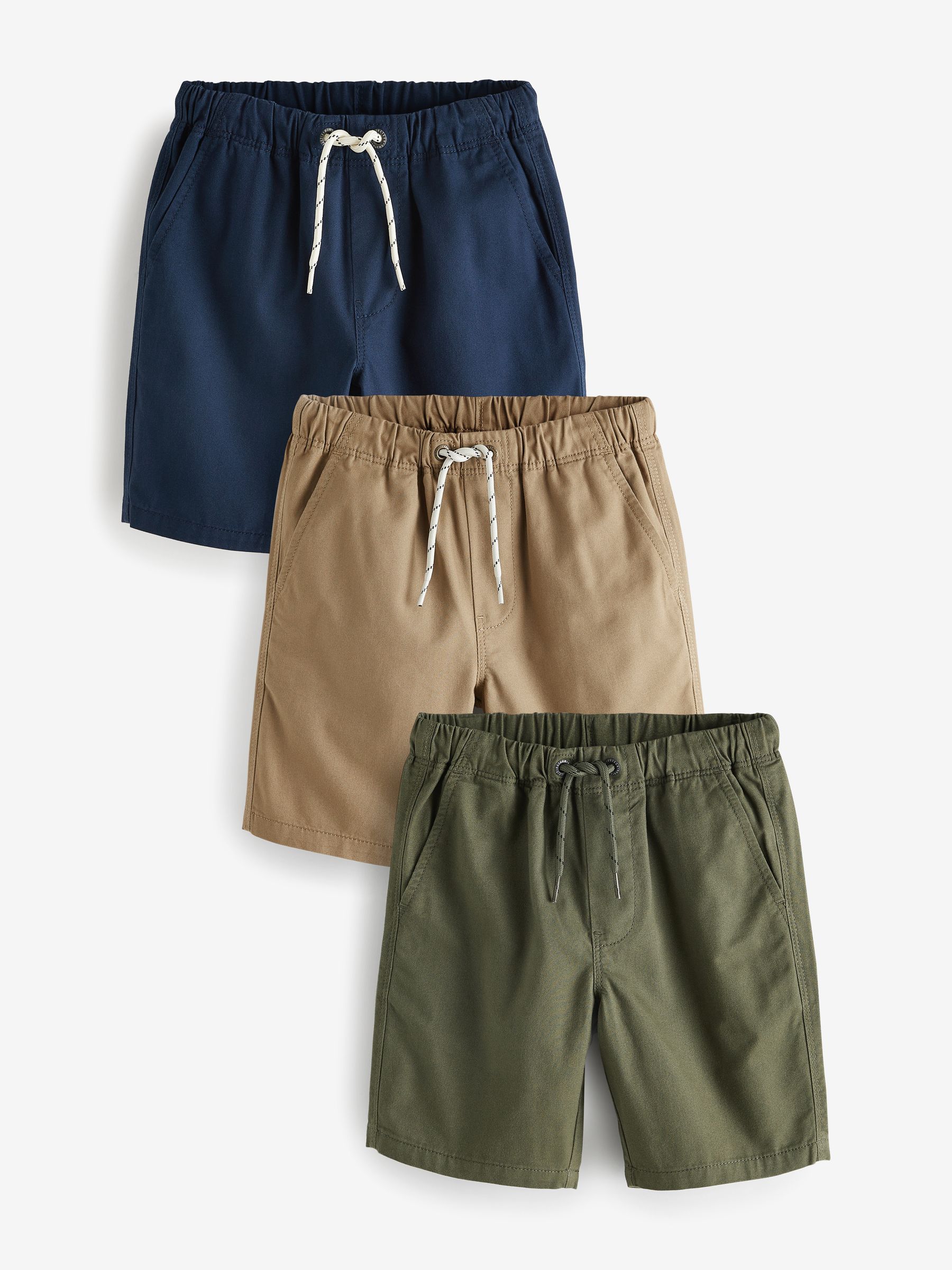 Buy Navy Blue/Tan Brown/Khaki Green Regular Fit Pull-On Shorts 3 Pack ...
