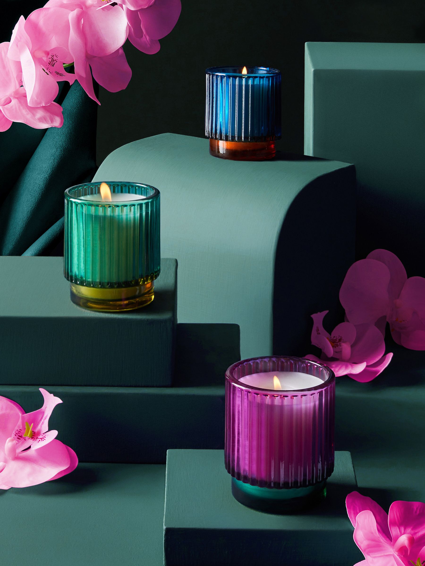 Buy Teal Blue Set of 3 Dark Orchid and Patchouli Scented Candle from ...