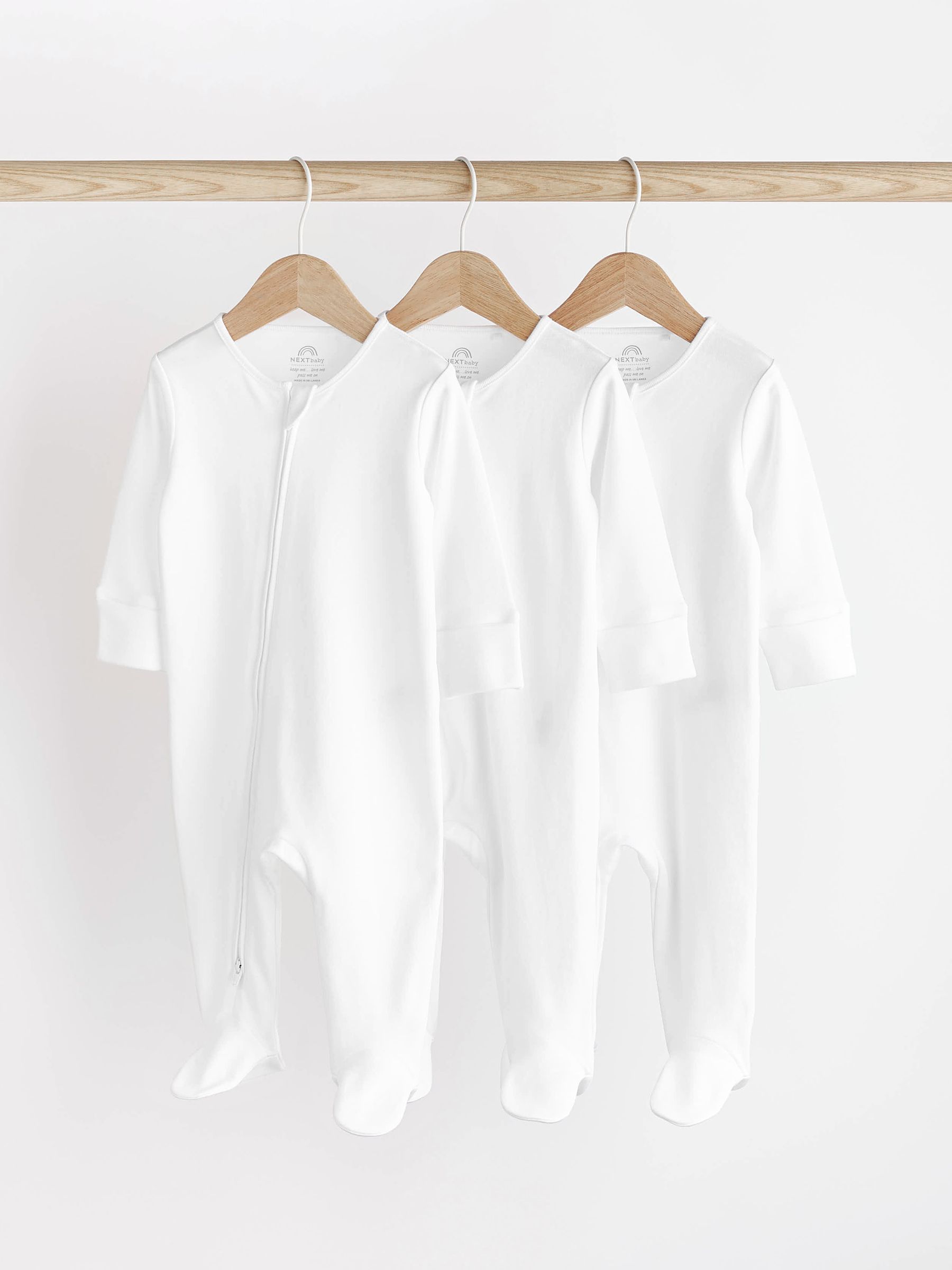 Buy White Essential Zipped 100% Cotton Baby Sleepsuits 3 Pack (0-3yrs ...