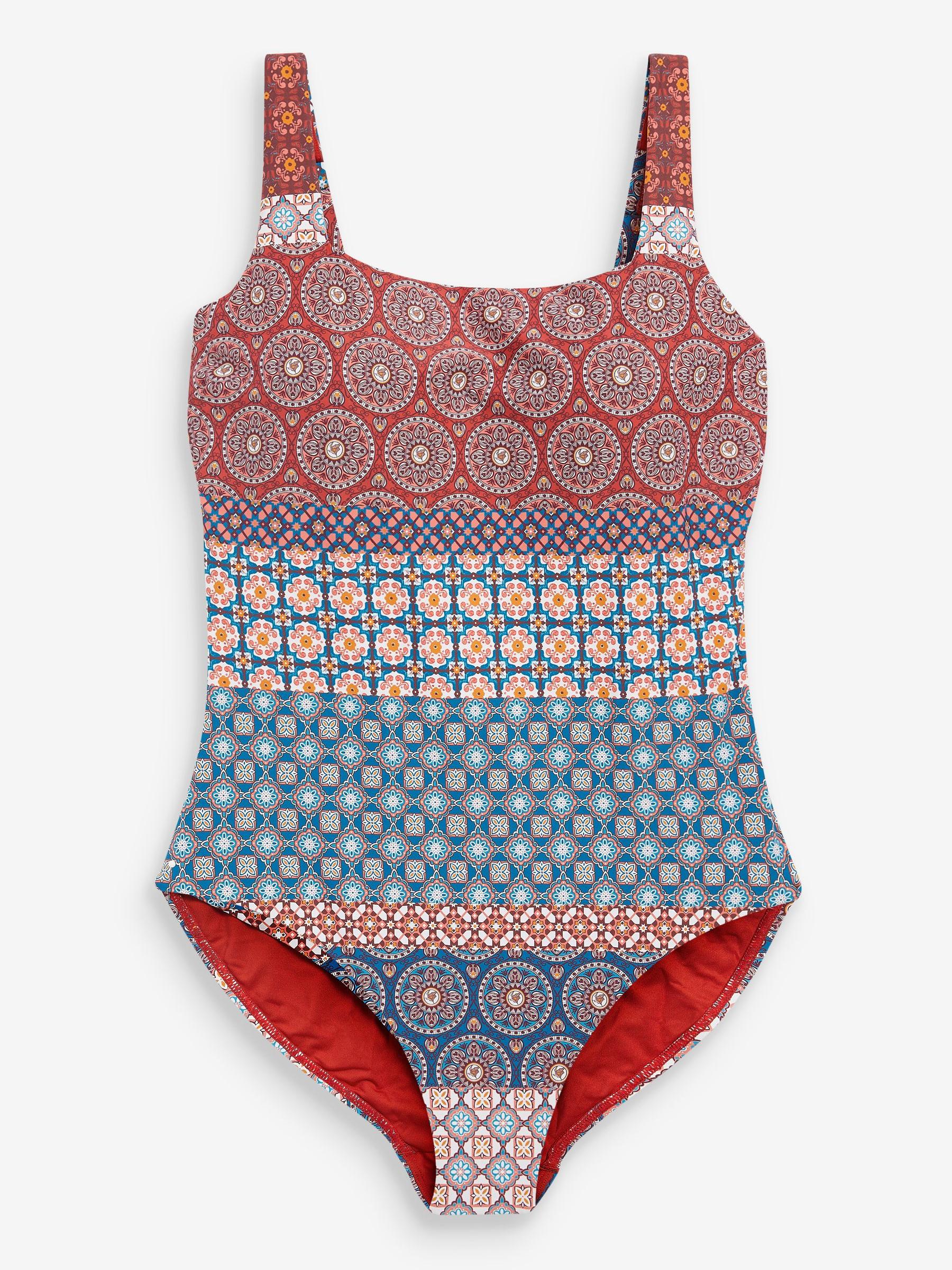 Buy Red/Blue Woodblock Tummy Control DD+ Square Neck Swimsuit from the ...