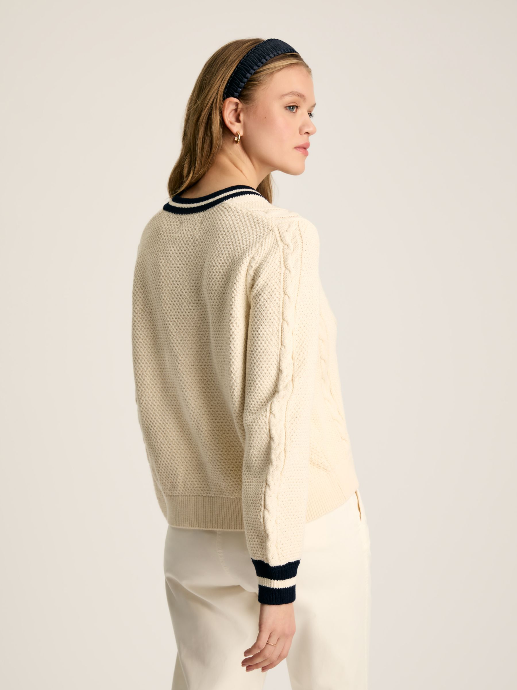 Buy Joules Centre Court Cream & Navy Button Through Cable Knit Cardigan ...
