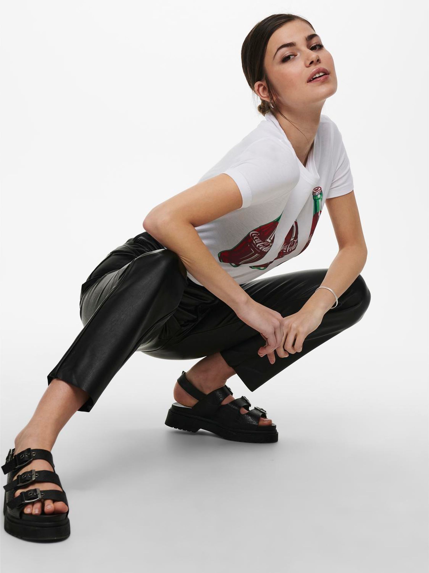 Buy ONLY Black High Waisted Faux Leather Workwear 100% Cotton Trousers ...