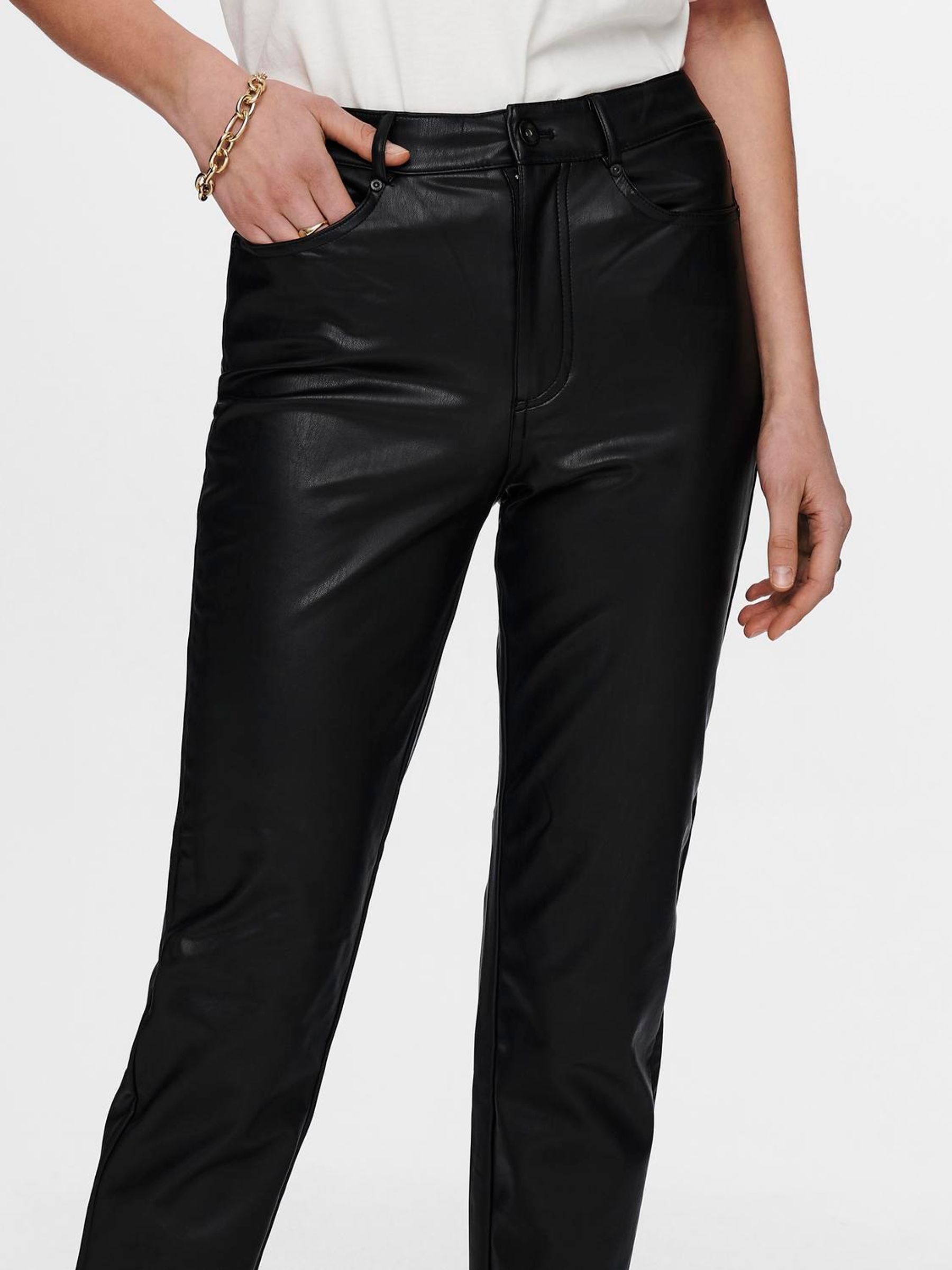 Buy ONLY Black High Waisted Faux Leather Workwear 100% Cotton Trousers ...