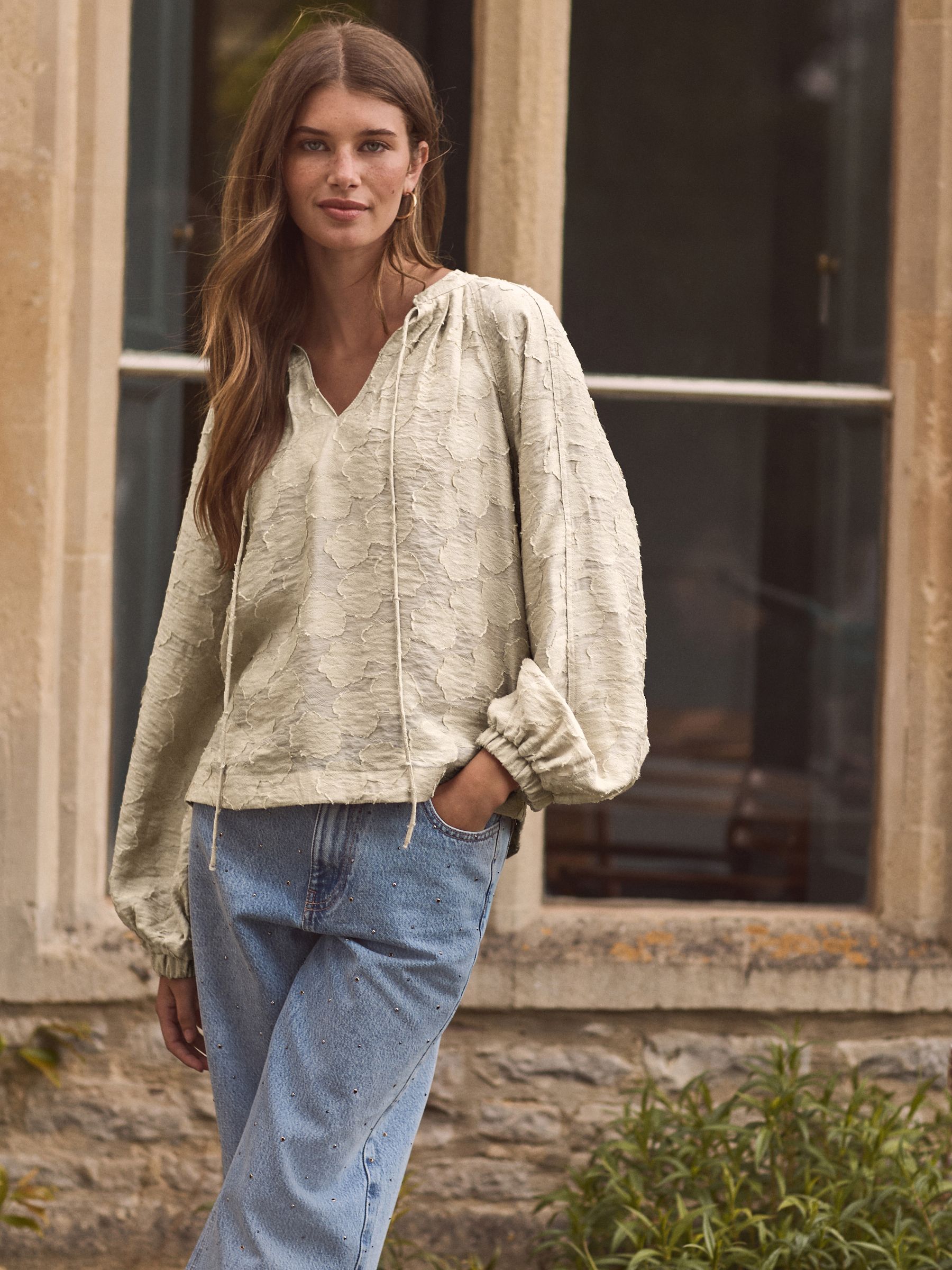 Buy Neutral Premium Tie Neck Long Sleeve Jacquard Blouse from the Next ...