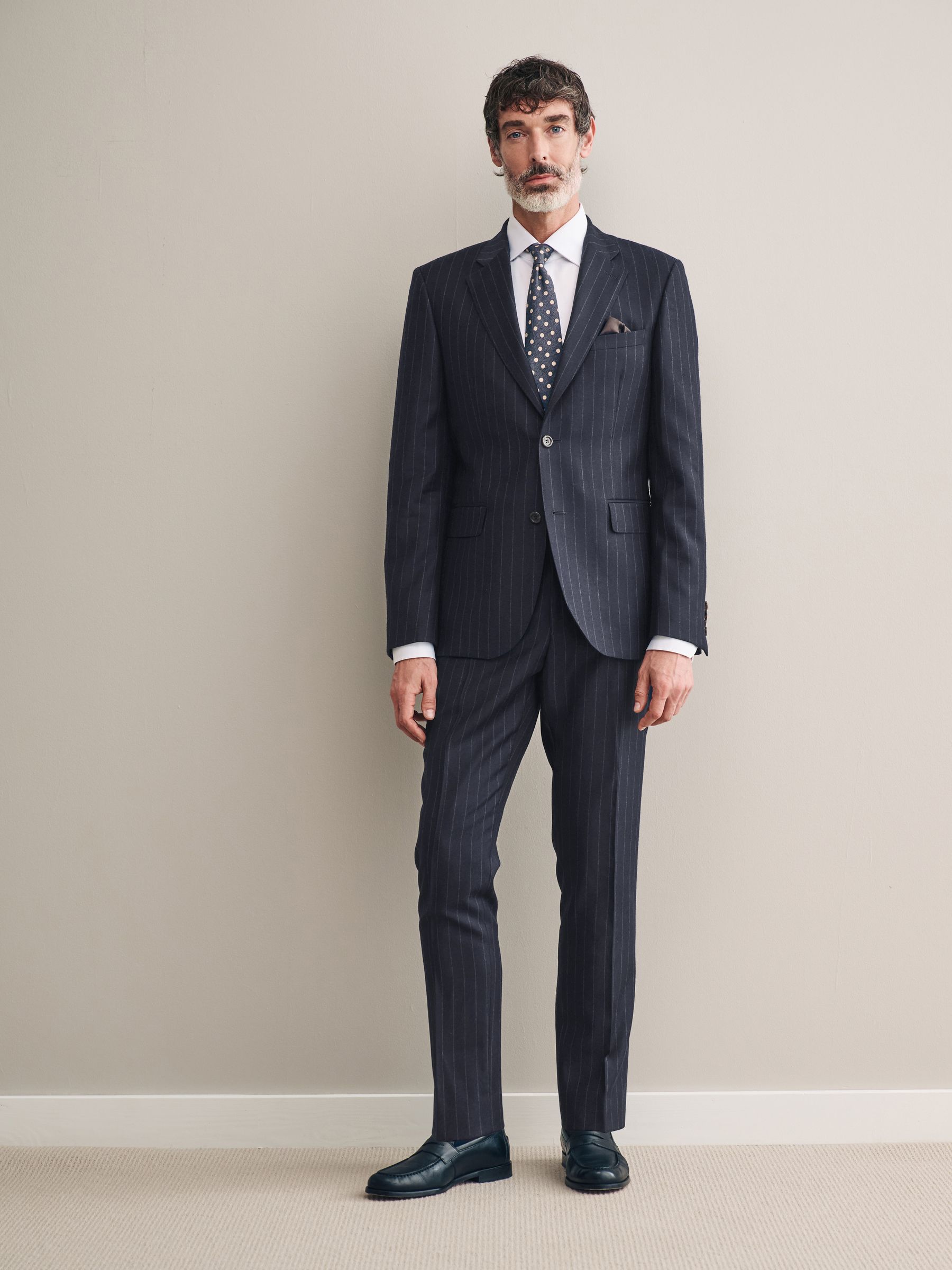 Buy Navy Blue Slim Fit Signature Empire Mills British Wool Stripe Suit ...