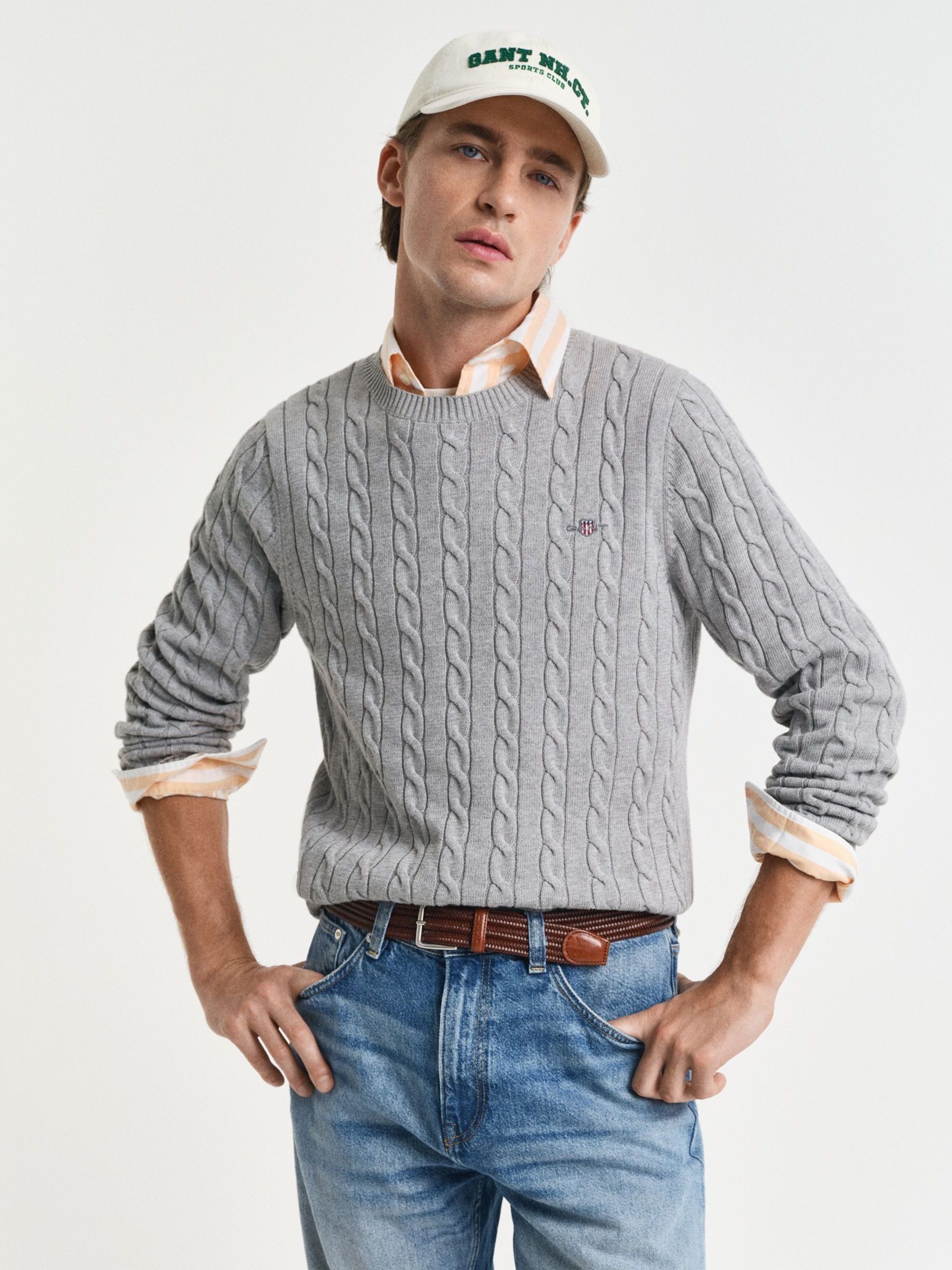 Buy GANT Grey Melange 100% Cotton Cable Knit Crew Neck Sweater from the ...