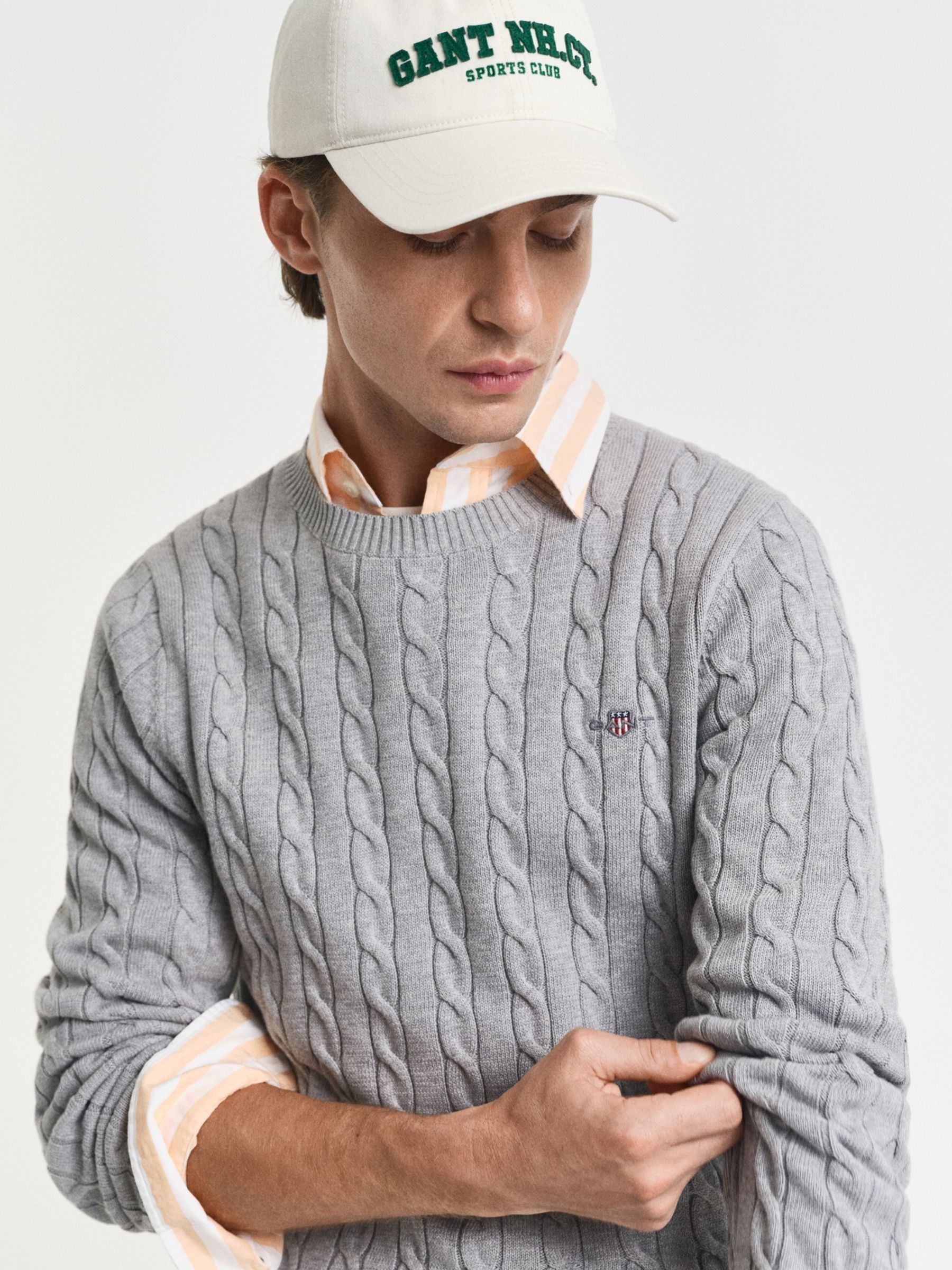 Buy GANT Grey Melange 100% Cotton Cable Knit Crew Neck Sweater from the ...