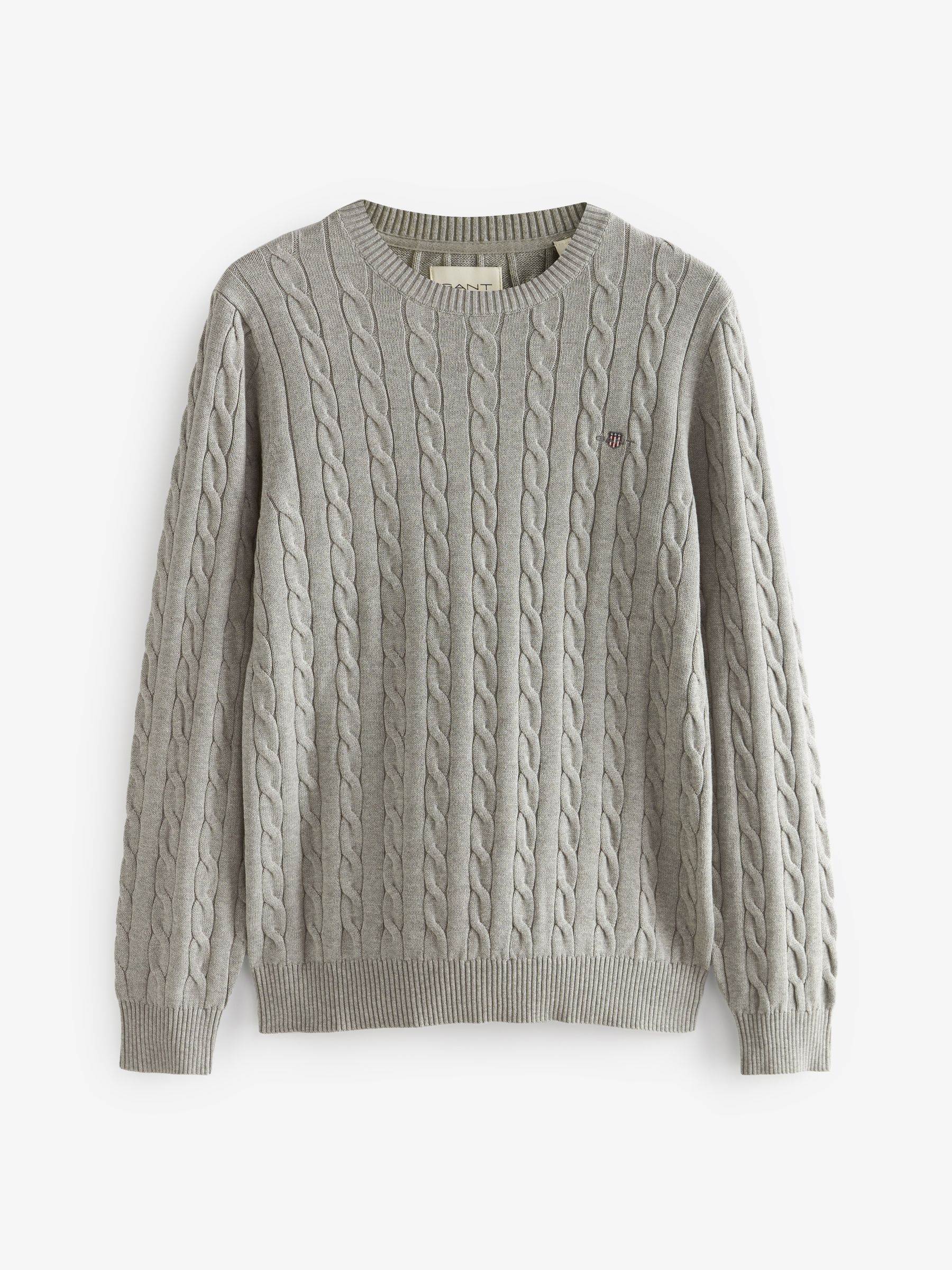 Buy GANT Grey Melange 100% Cotton Cable Knit Crew Neck Sweater from the ...