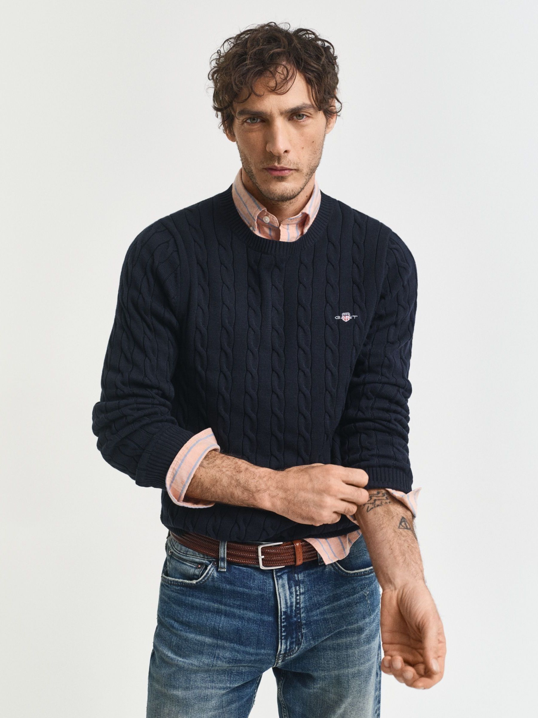 Buy GANT Evening Blue 100% Cotton Cable Knit Crew Neck Sweater from the ...