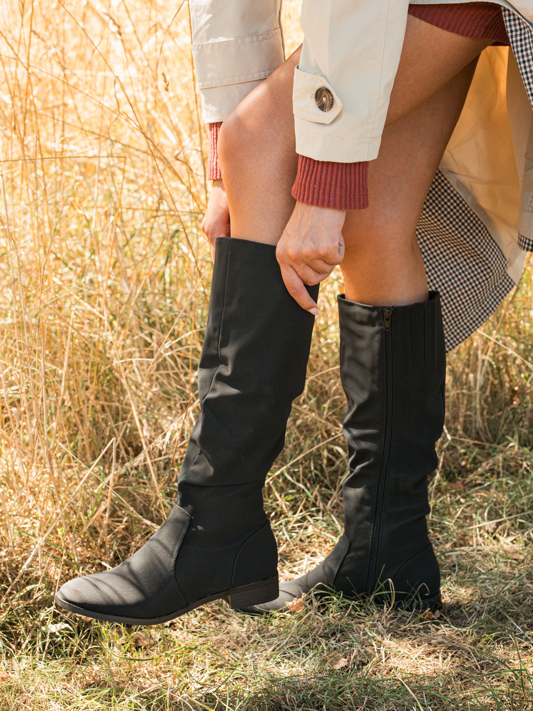 Buy Novo Black Standard Fit Josslyn Ruched Knee High Flat Boots from ...