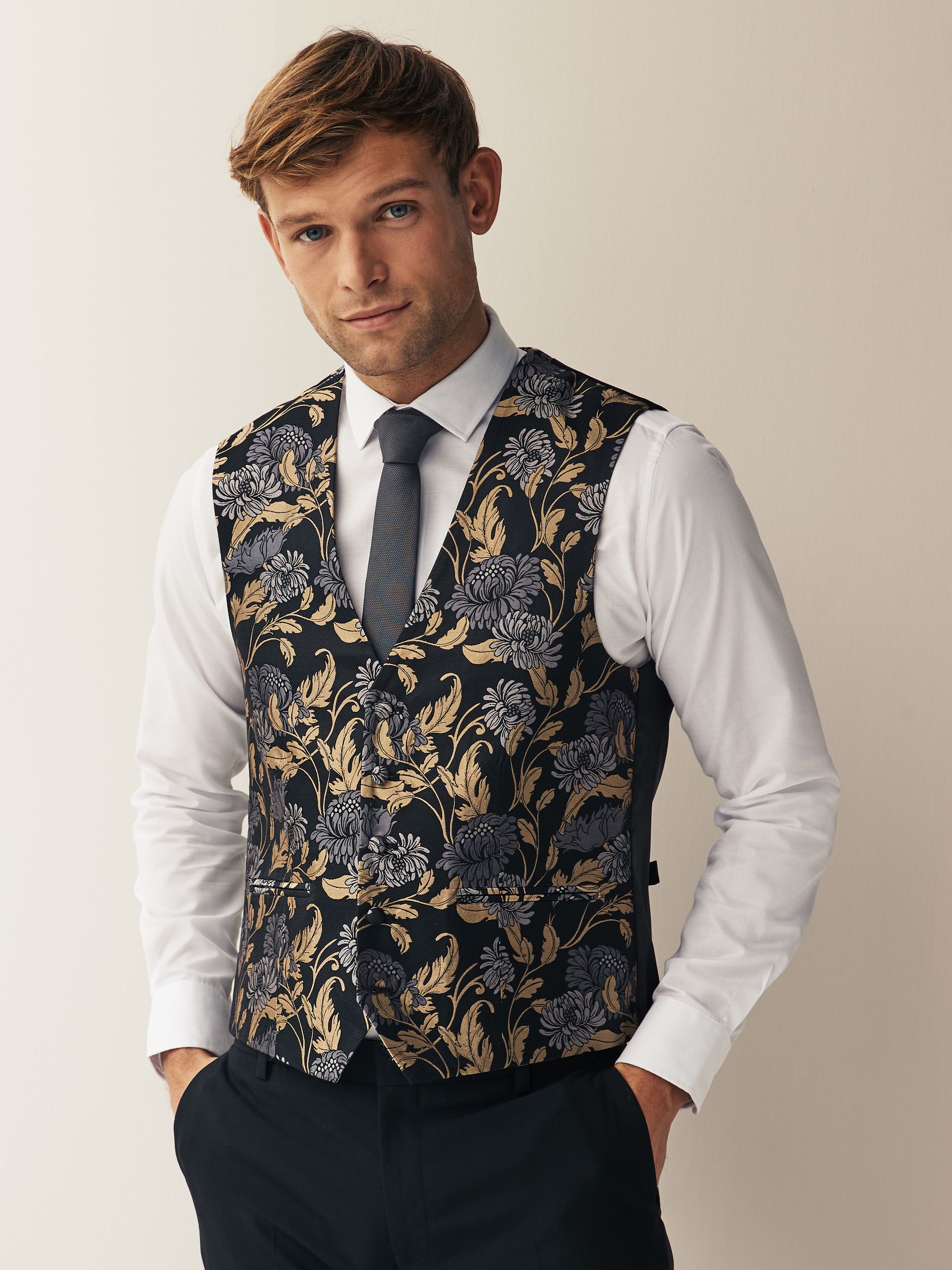 Buy Black/Yellow Gold Floral Regular Fit Occasion Waistcoat from the ...