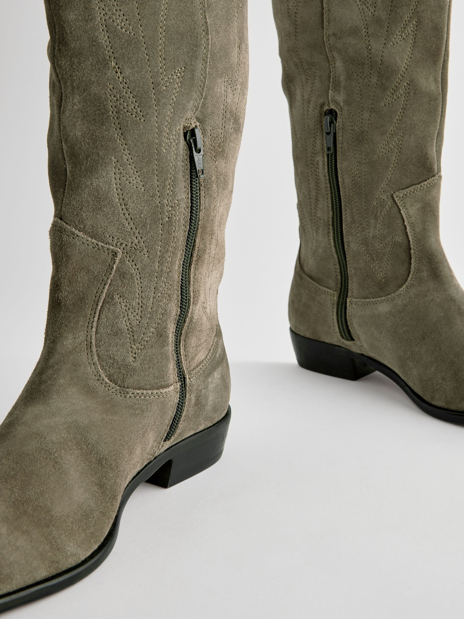 Buy Khaki Green Forever Comfort® Suede Stitched Cowboy Knee High Boots ...