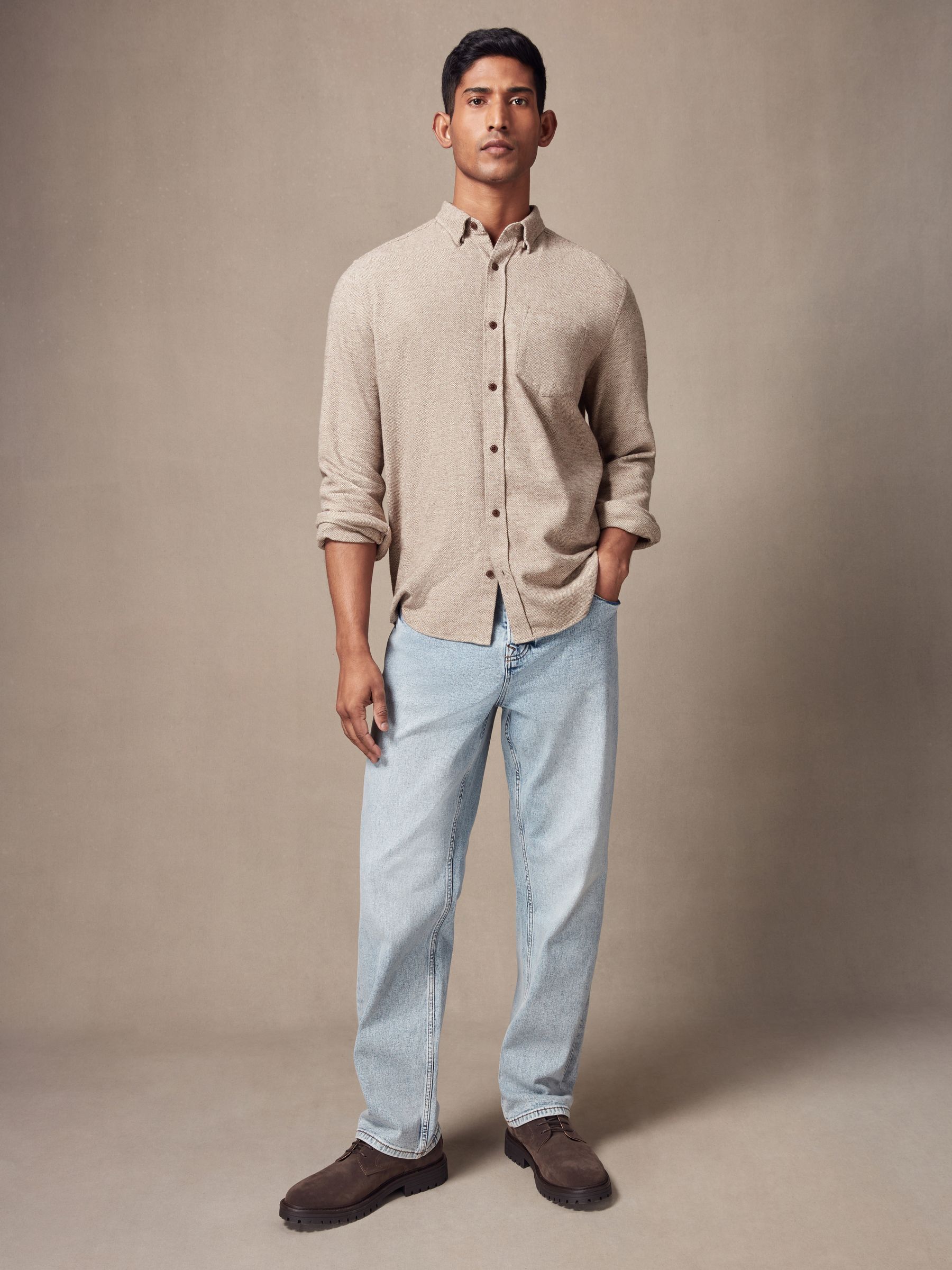 Buy Stone Natural Brushed Texture 100% Cotton Long Sleeve Shirt from ...