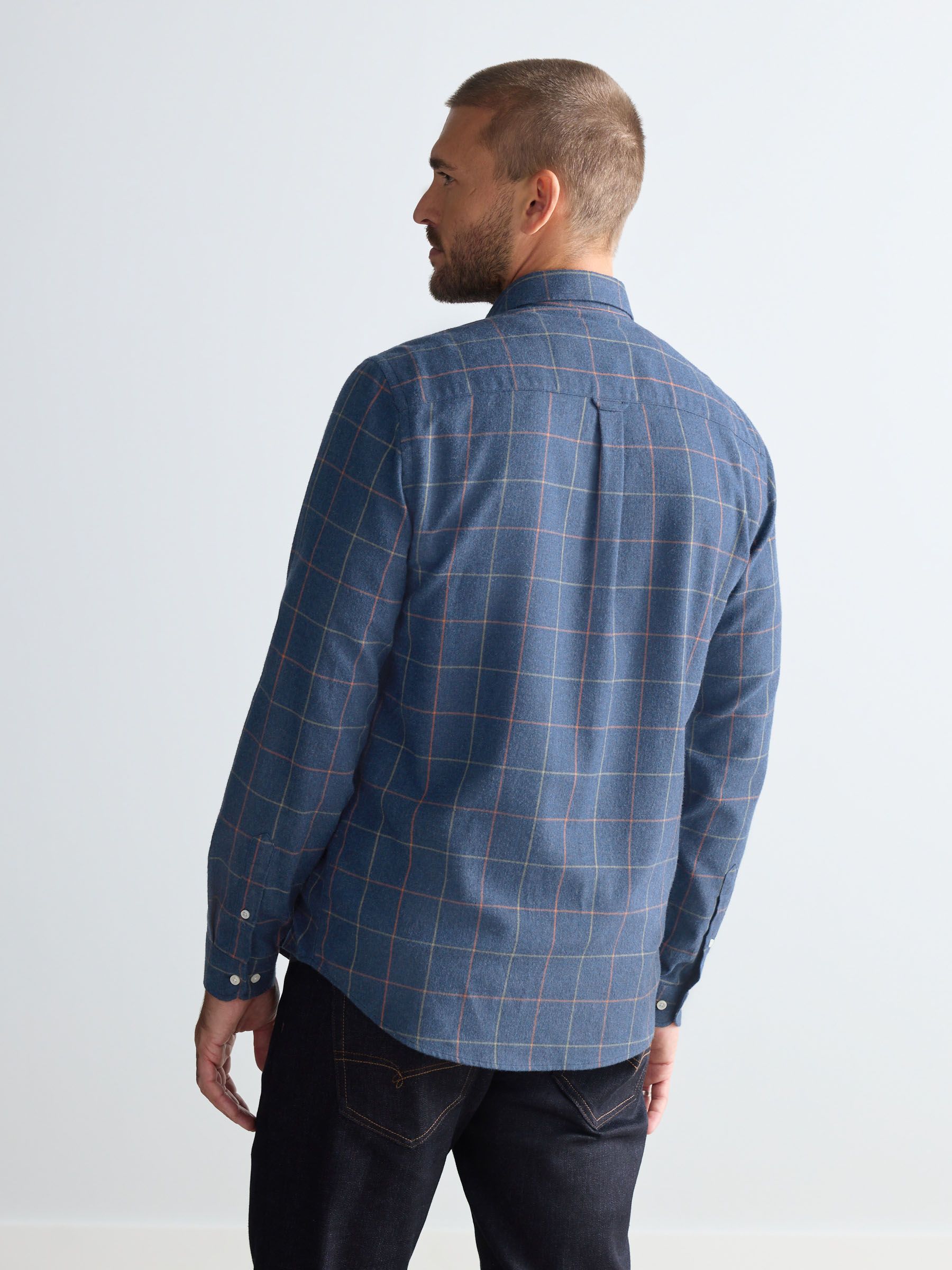 Buy Navy Blue 100% Cotton Signature Brushed Flannel Check Long Sleeve ...