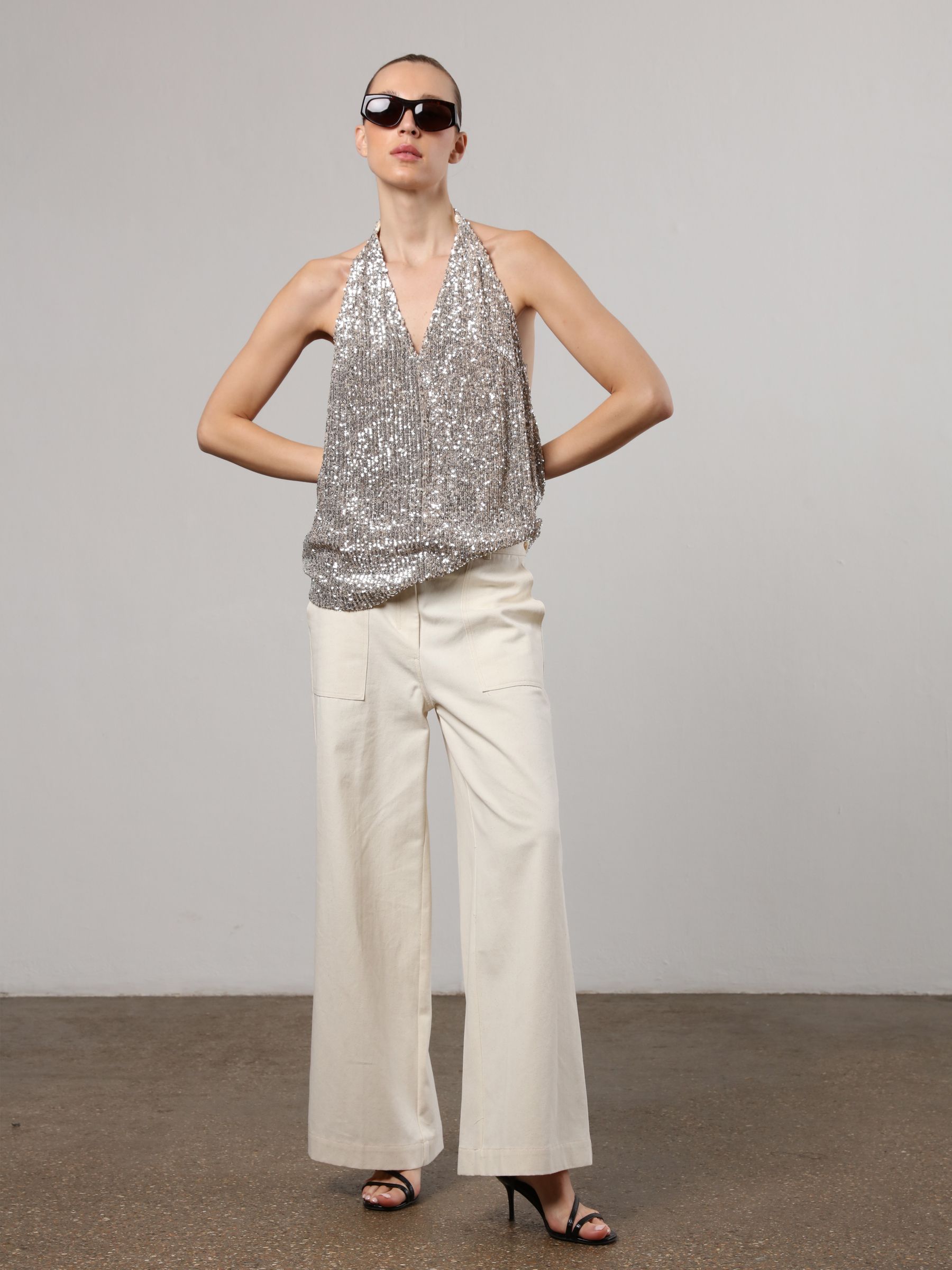 Buy Religion Silver Metallic Sequin Backless Top With Halter Neck from ...