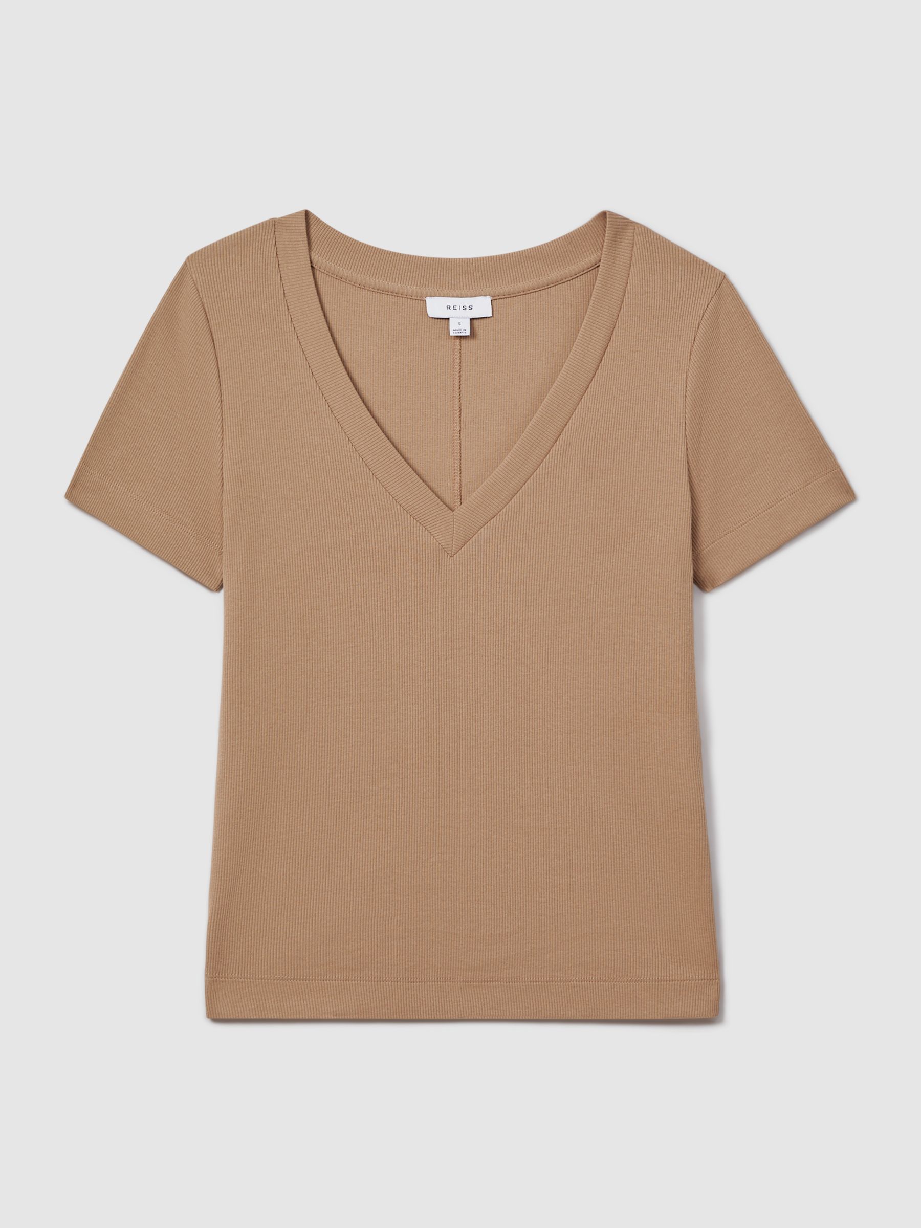 Buy Reiss Camel Becca Cotton Blend Ribbed V-Neck Top from the Next UK ...