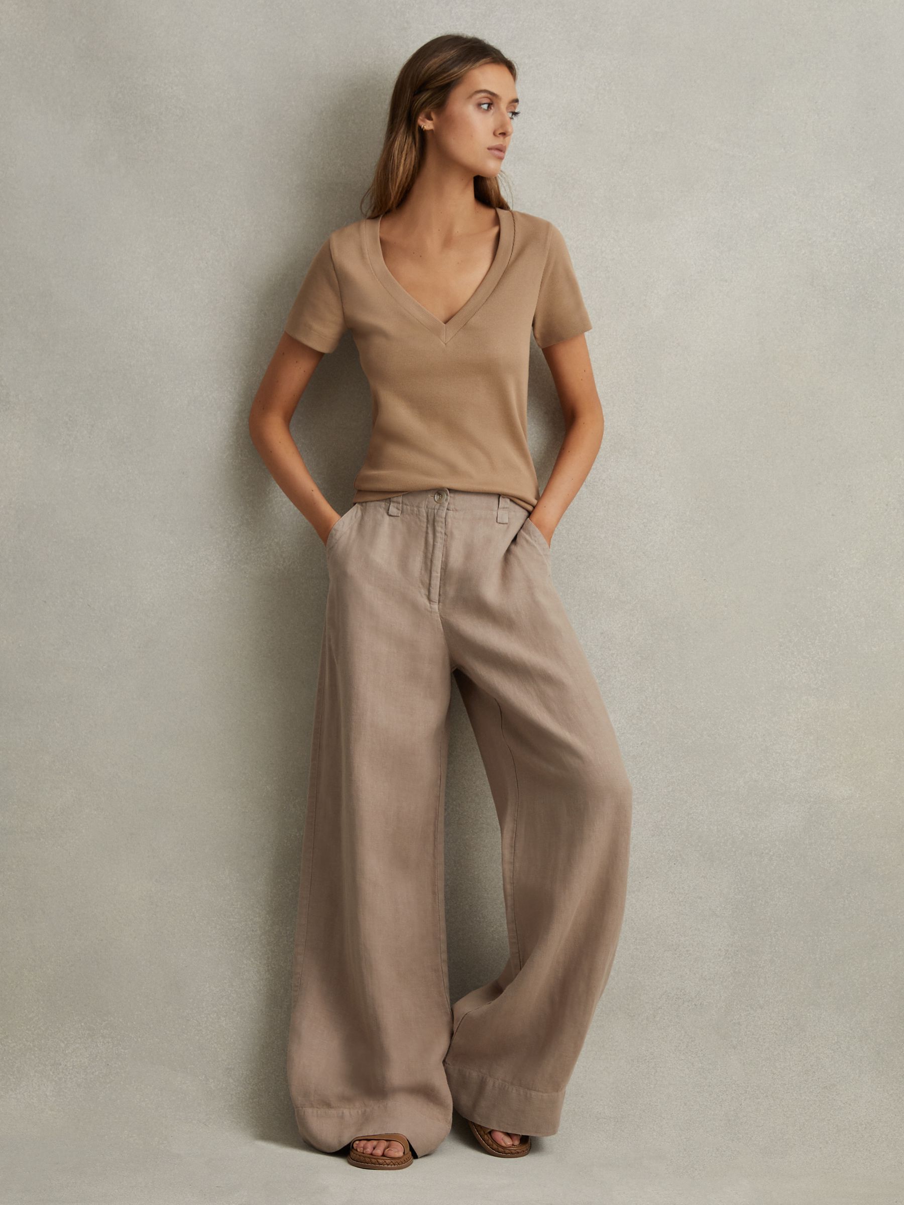 Buy Reiss Camel Becca Cotton Blend Ribbed V-Neck Top from the Next UK ...