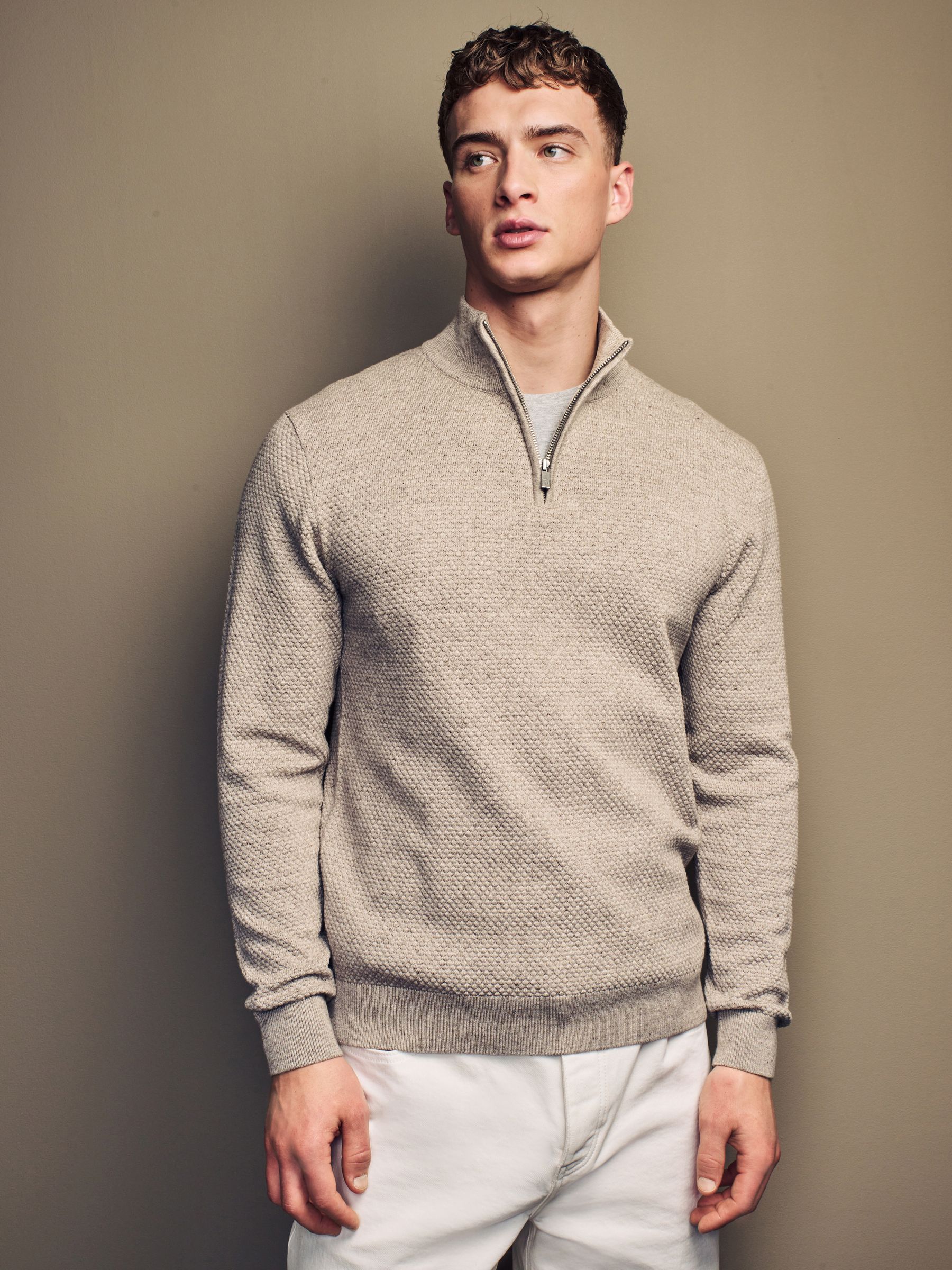 Buy Cream Texture Regular Fit 100% Cotton Premium Quarter Zip Jumper ...