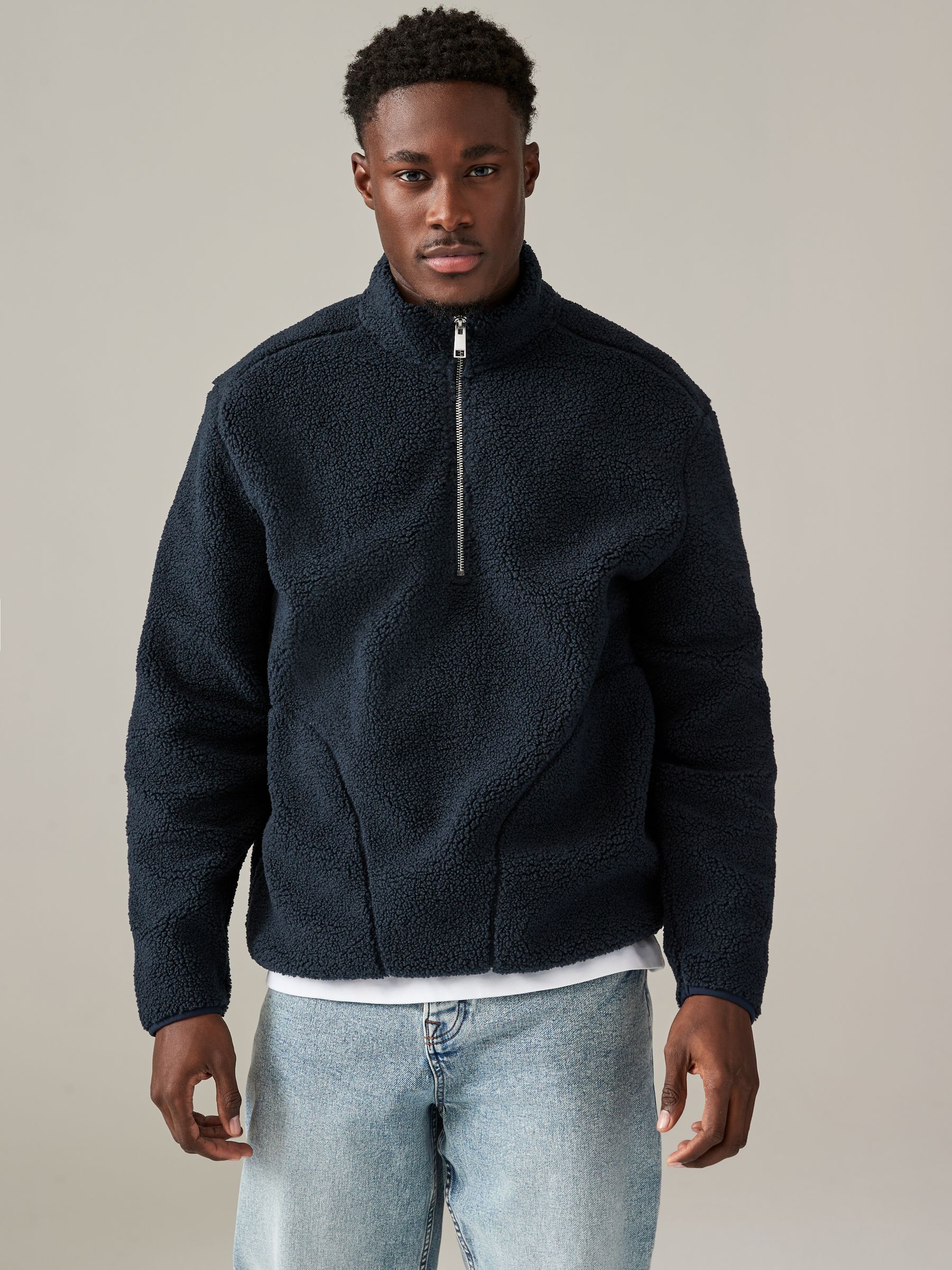 Buy Navy Blue Zip Neck Borg Fleece Lined Jacket from Next Saudi Arabia