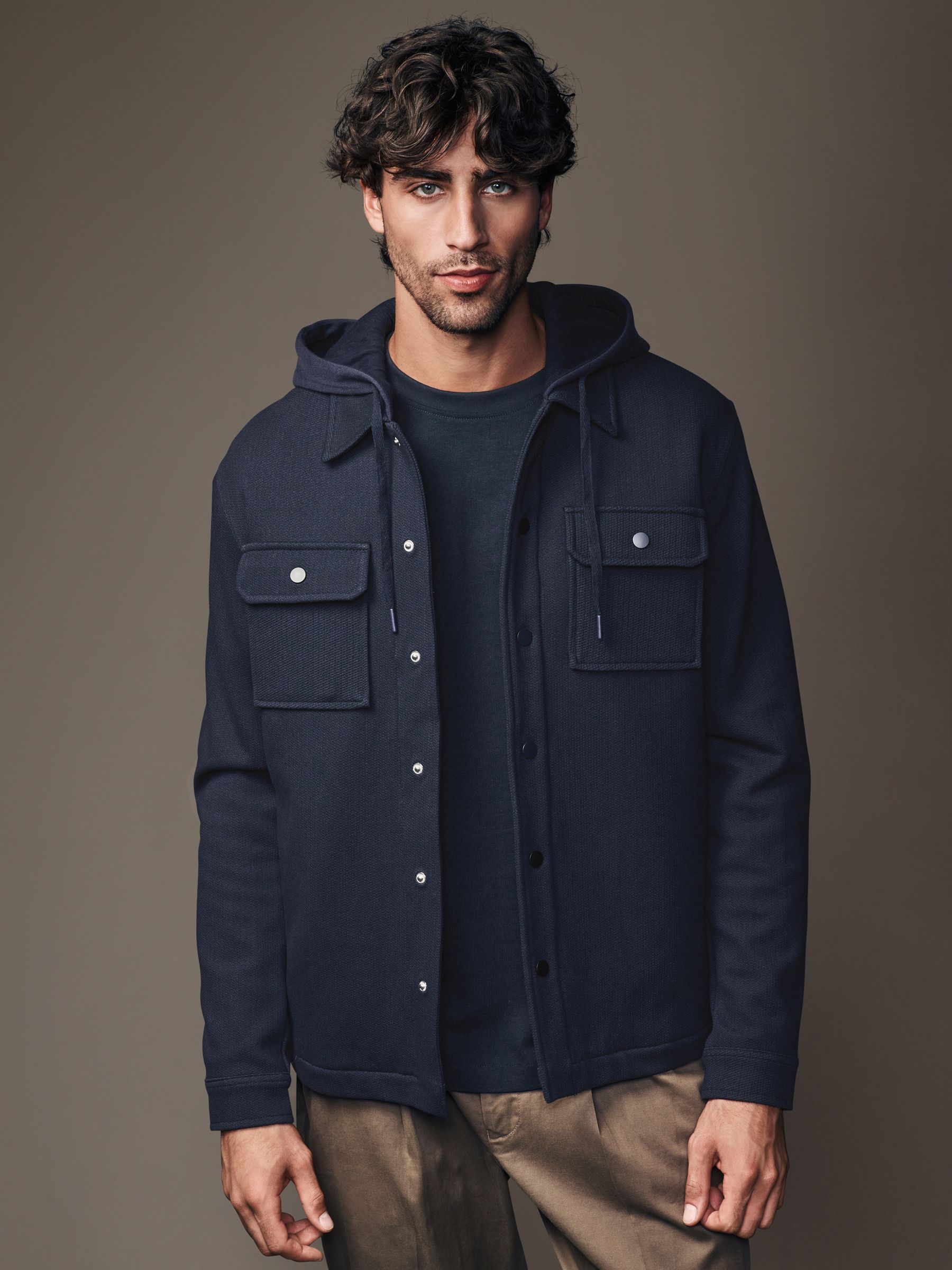Buy Navy Blue Borg Lined Popper Shacket with Hood from the Next UK ...