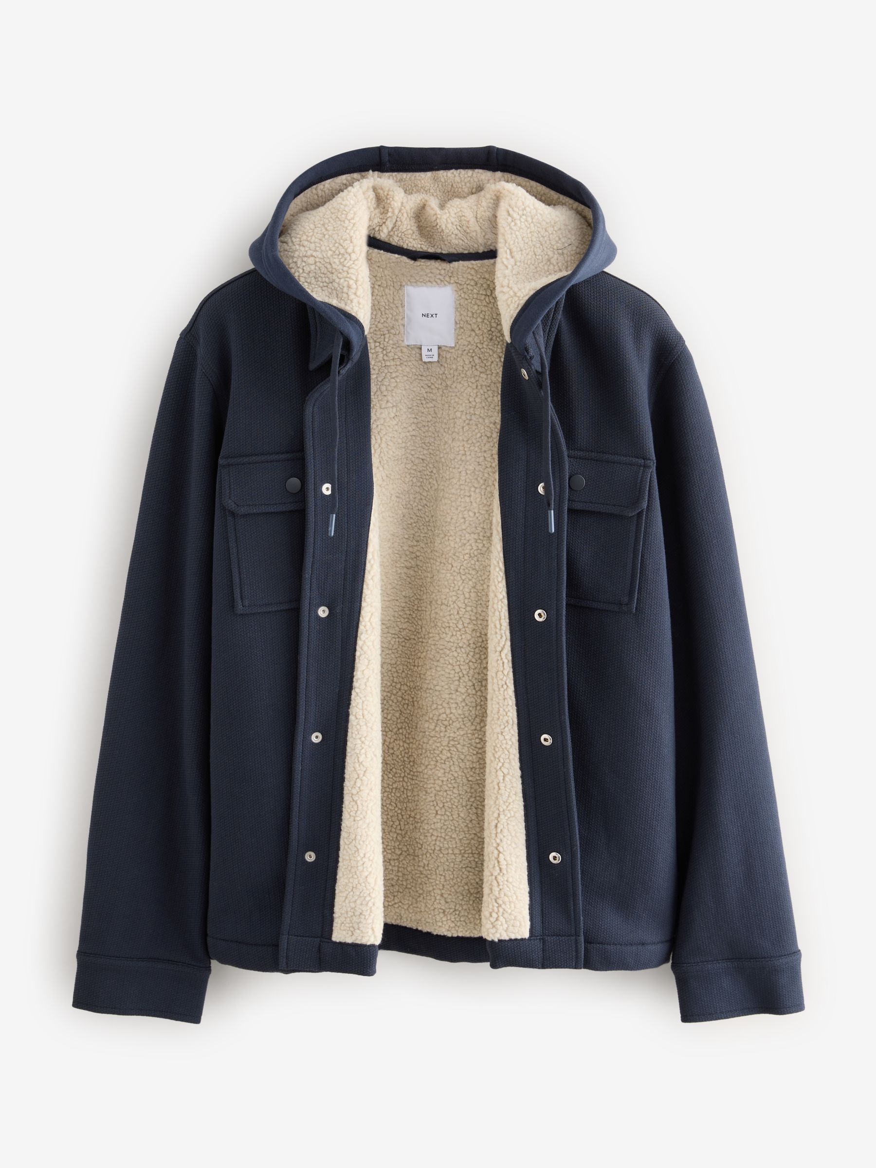 Buy Navy Blue Borg Lined Popper Shacket with Hood from the Next UK ...