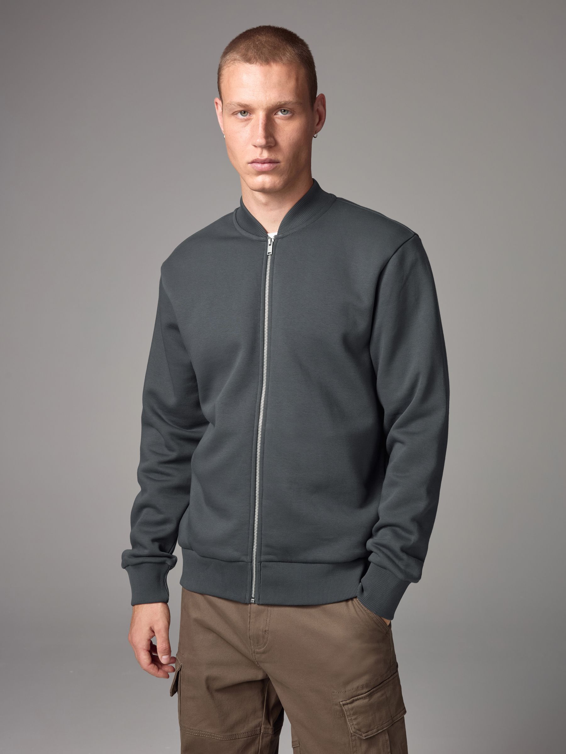 Buy Slate Grey Cotton Rich Full Zip Jersey Bomber Jacket from Next Ireland