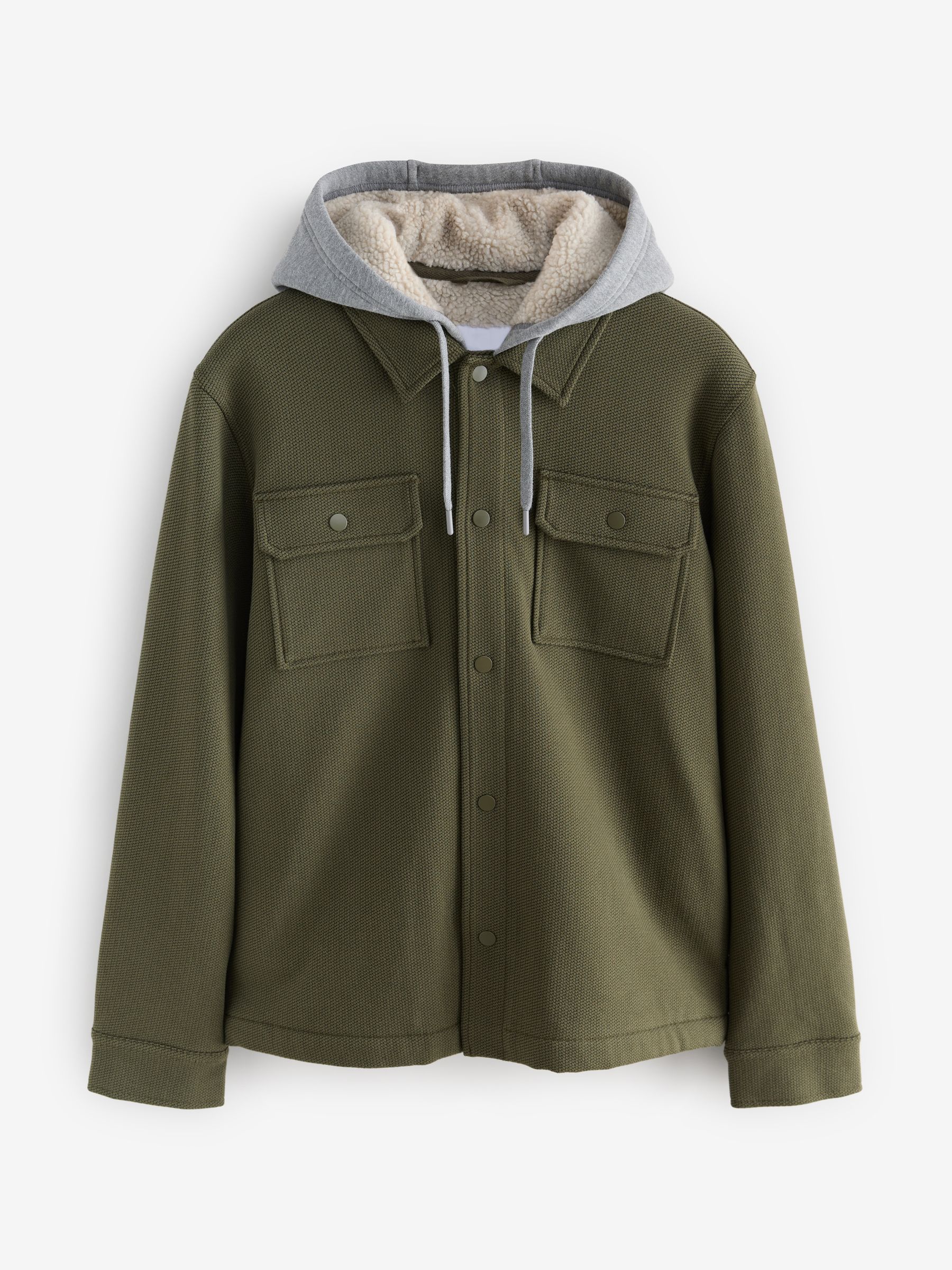 Buy Khaki Green Borg Lined Popper Shacket with Hood from the Next UK ...