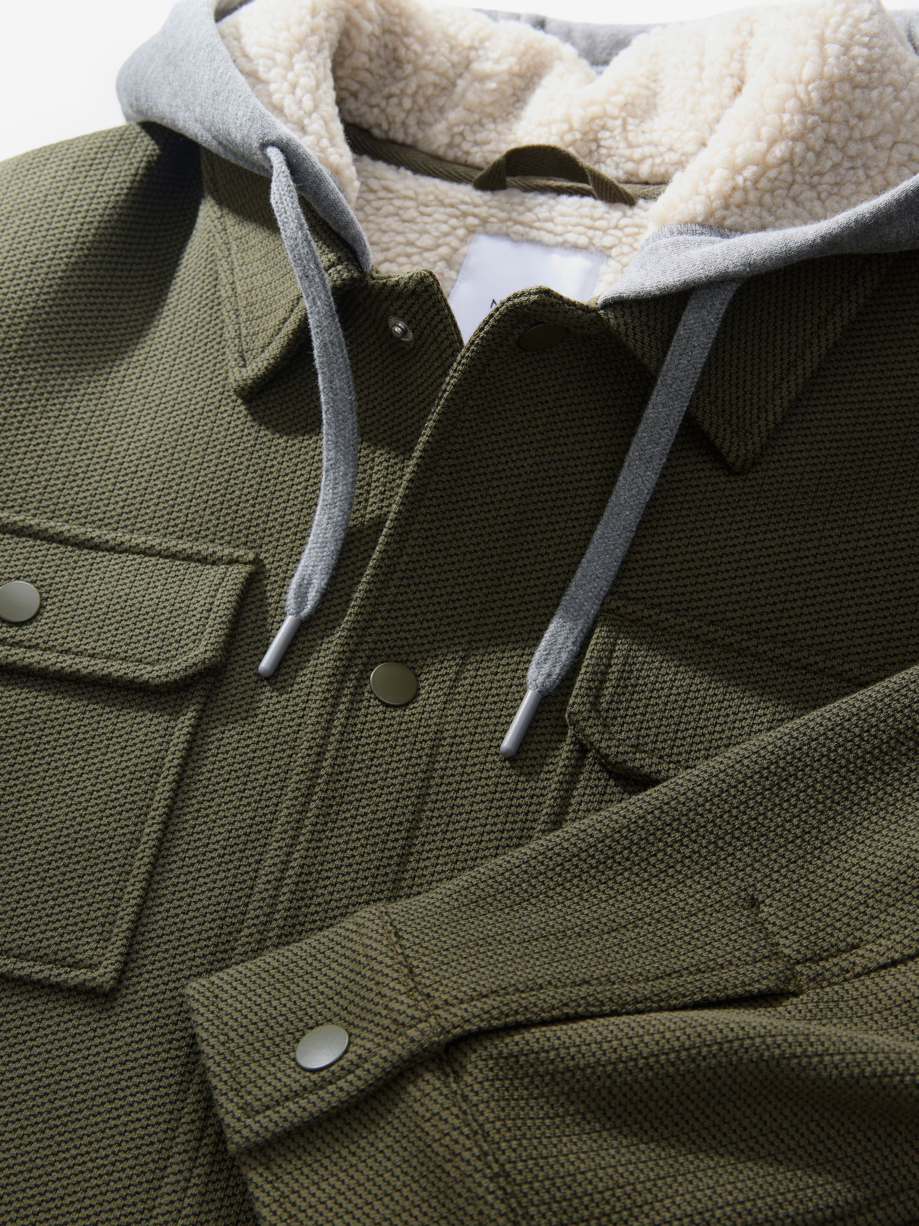 Buy Khaki Green Borg Lined Popper Shacket with Hood from the Next UK ...