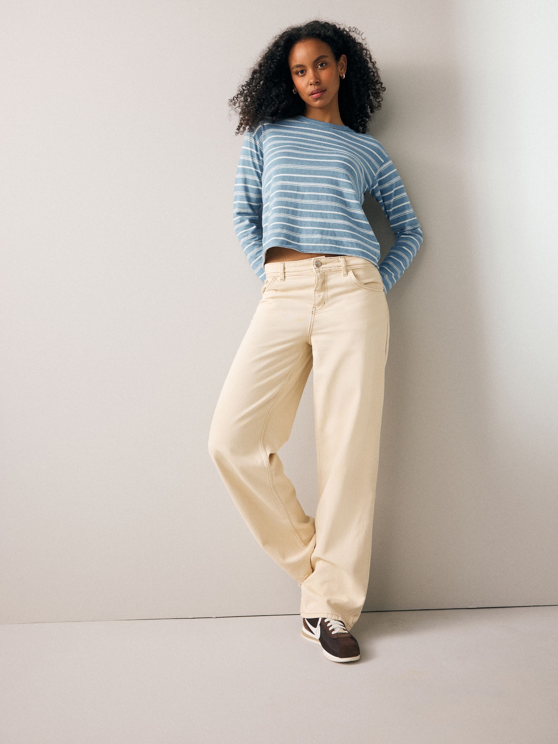 Buy Blue Linen Look Cotton Rich Slub Raw Edge Long Sleeve Top from the ...