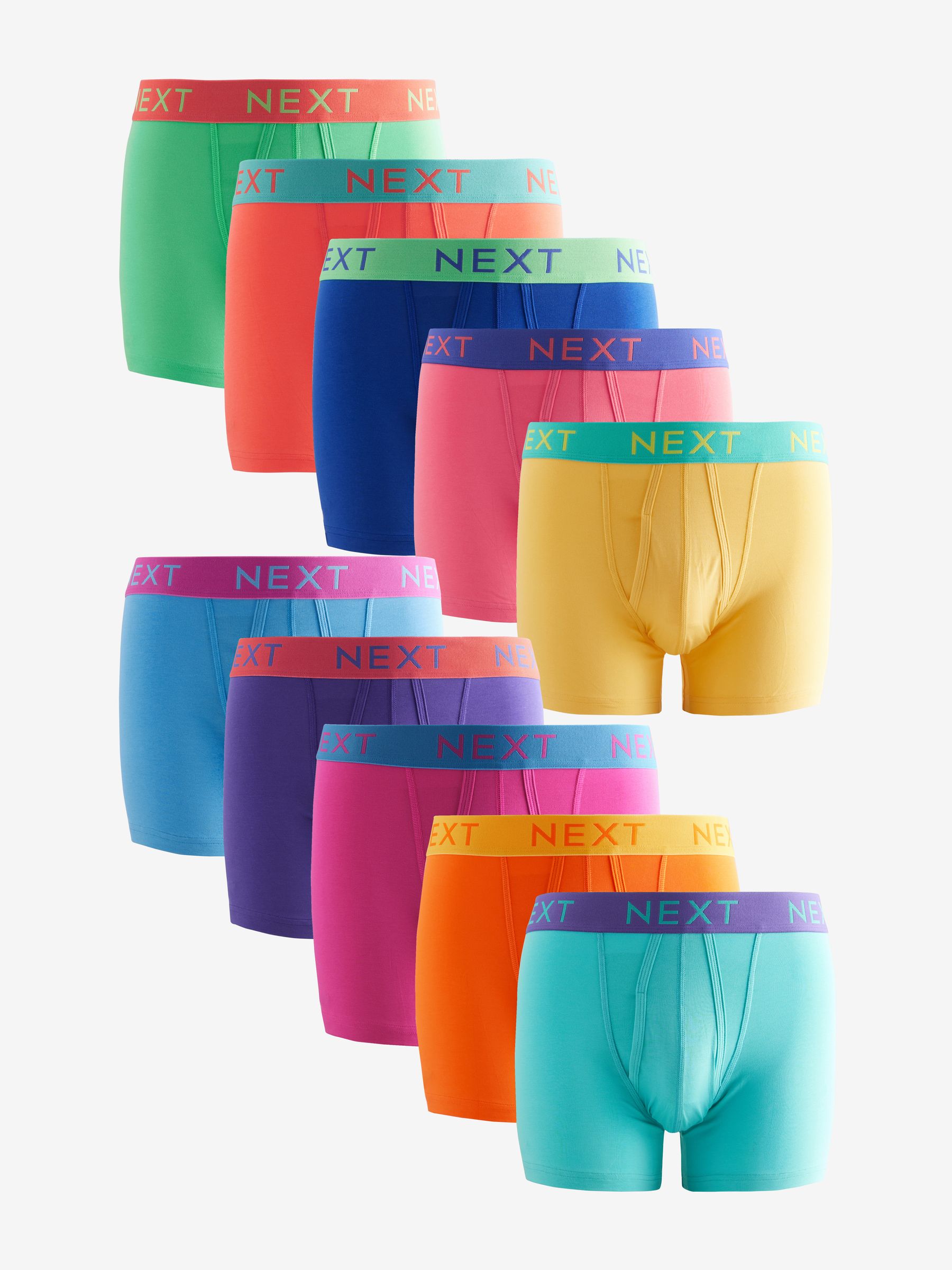 Buy Bright Green/Orange/Blue Contrast Colour 10 pack A-Front Boxers ...