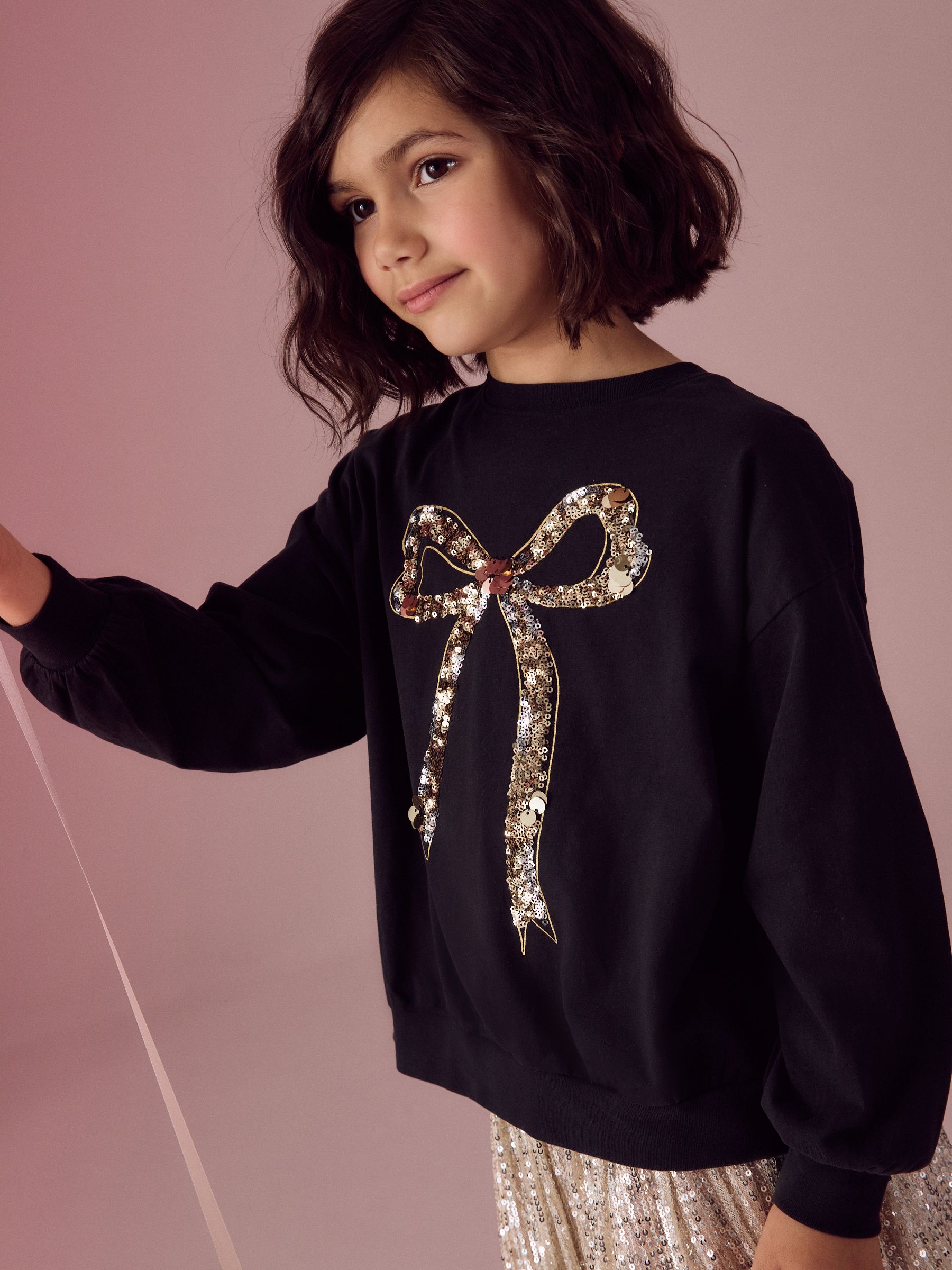 Buy Black/Gold Sequin Bow Long Sleeve Wrap Back 100% Cotton Top (3 ...