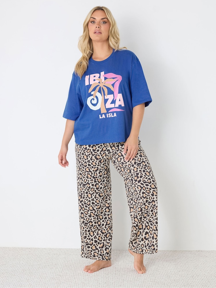 Buy Yours Curve Blue Ibiza Print Sleep T-Shirt & Wide Leg Bottoms ...