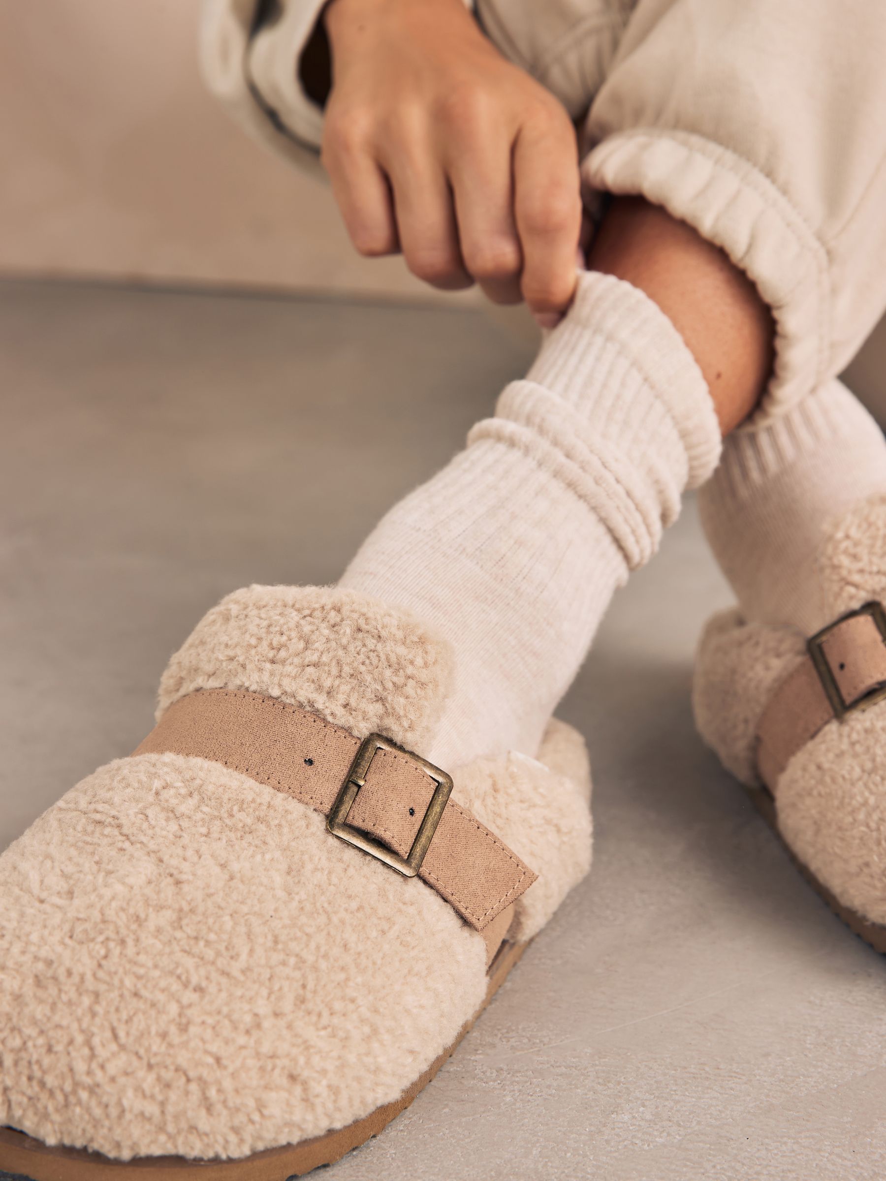 Buy Beige Borg Buckle Mule Slippers from the Next UK online shop