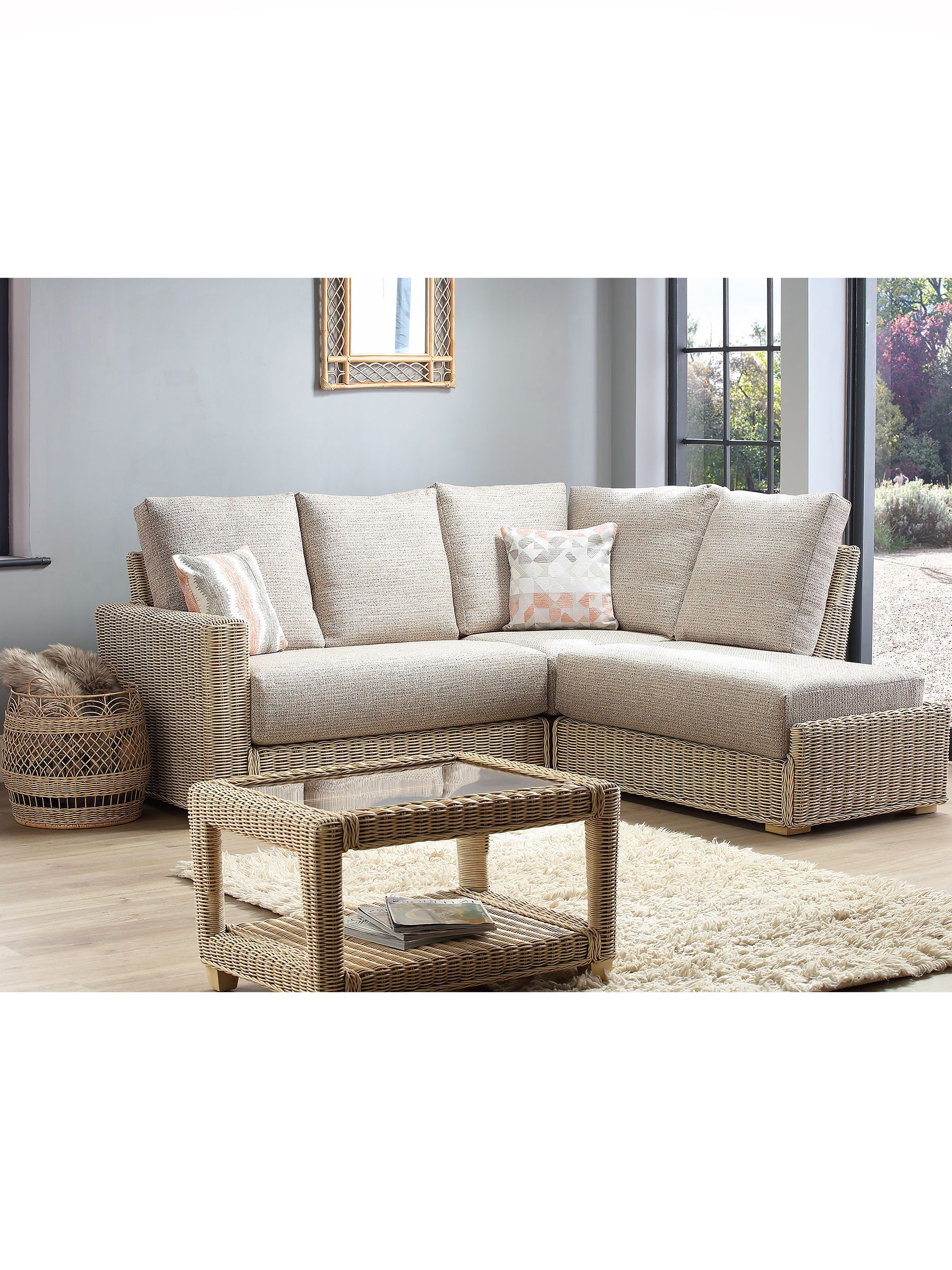 Buy Desser Blush Pink Tweed Burford Natural Rattan Left Hand Conservatory Corner Sofa from the Next UK online shop