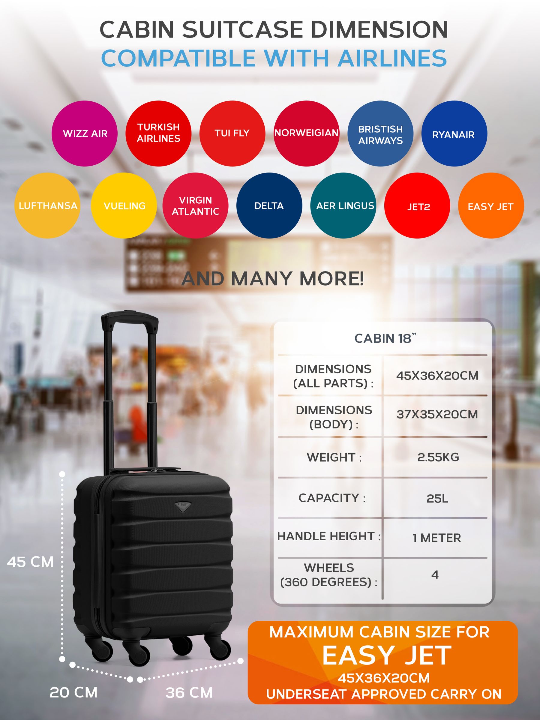 Buy Flight Knight Black EasyJet Underseat 4 Wheel ABS Hard Case Cabin ...