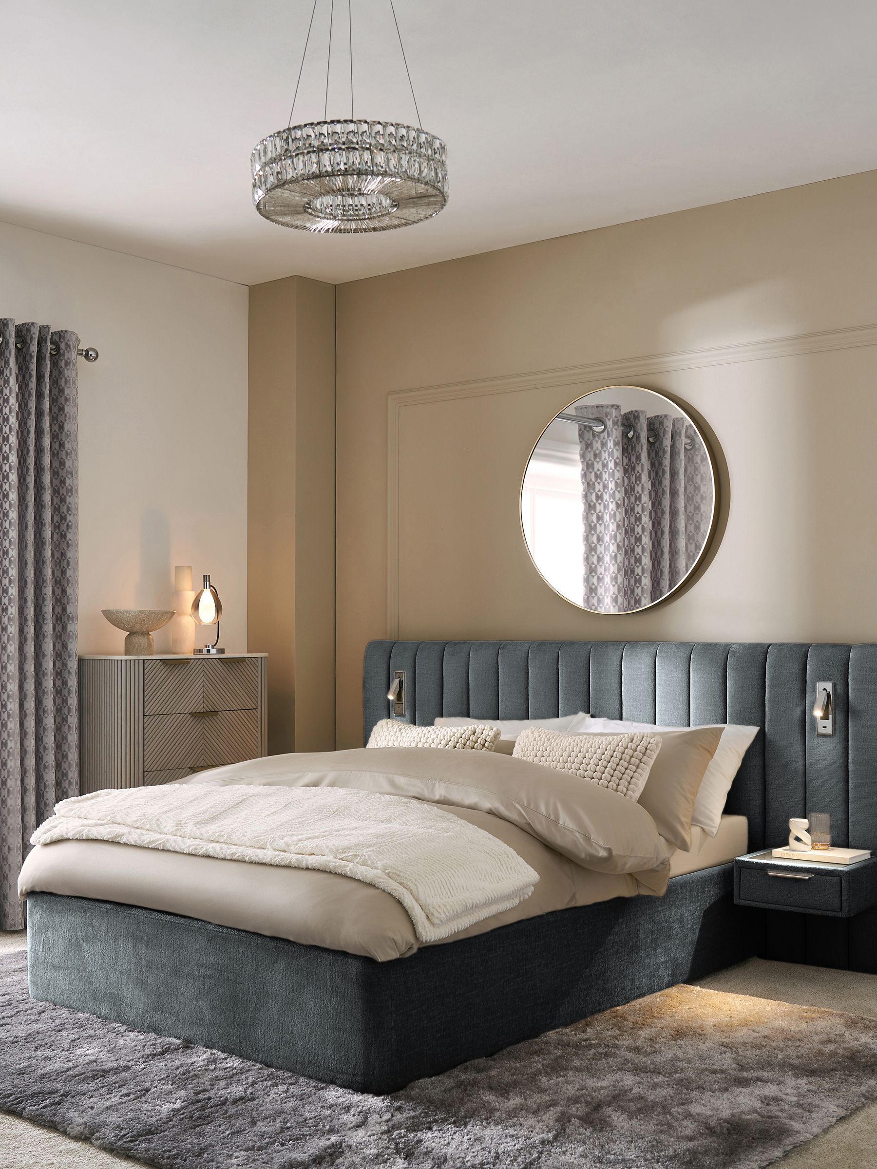 Buy Plush Chenille Slate Blue Mayfair Upholstered Hotel Bed Frame with Ottoman Storage Bedside Tables and Lights from the Next UK online shop