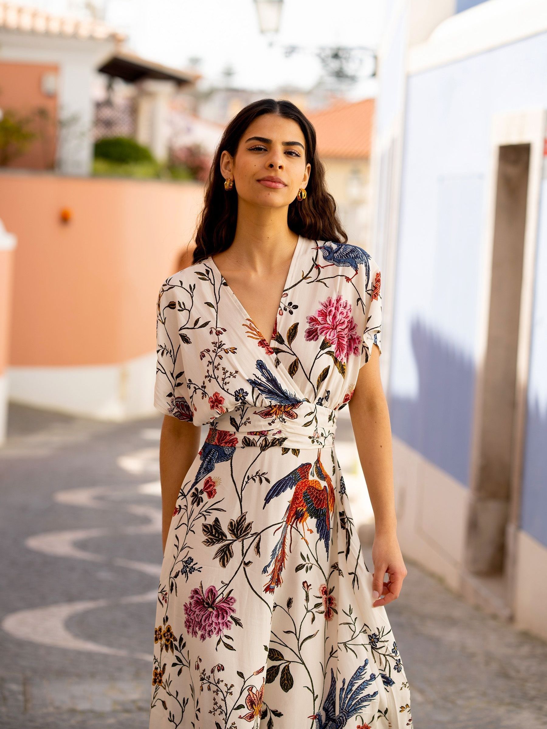 Buy Yumi White Viscose Bird and Floral Print Kimono Midi Dress from the ...