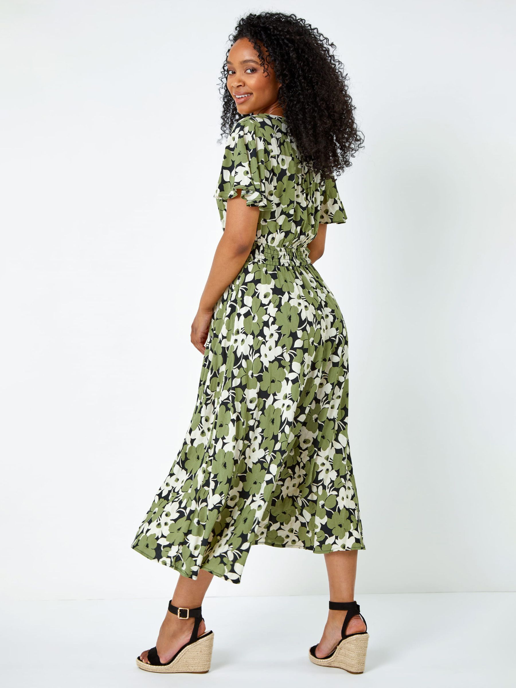 Buy Roman Green Floral Shirred Stretch Midi Dress from the Next UK ...