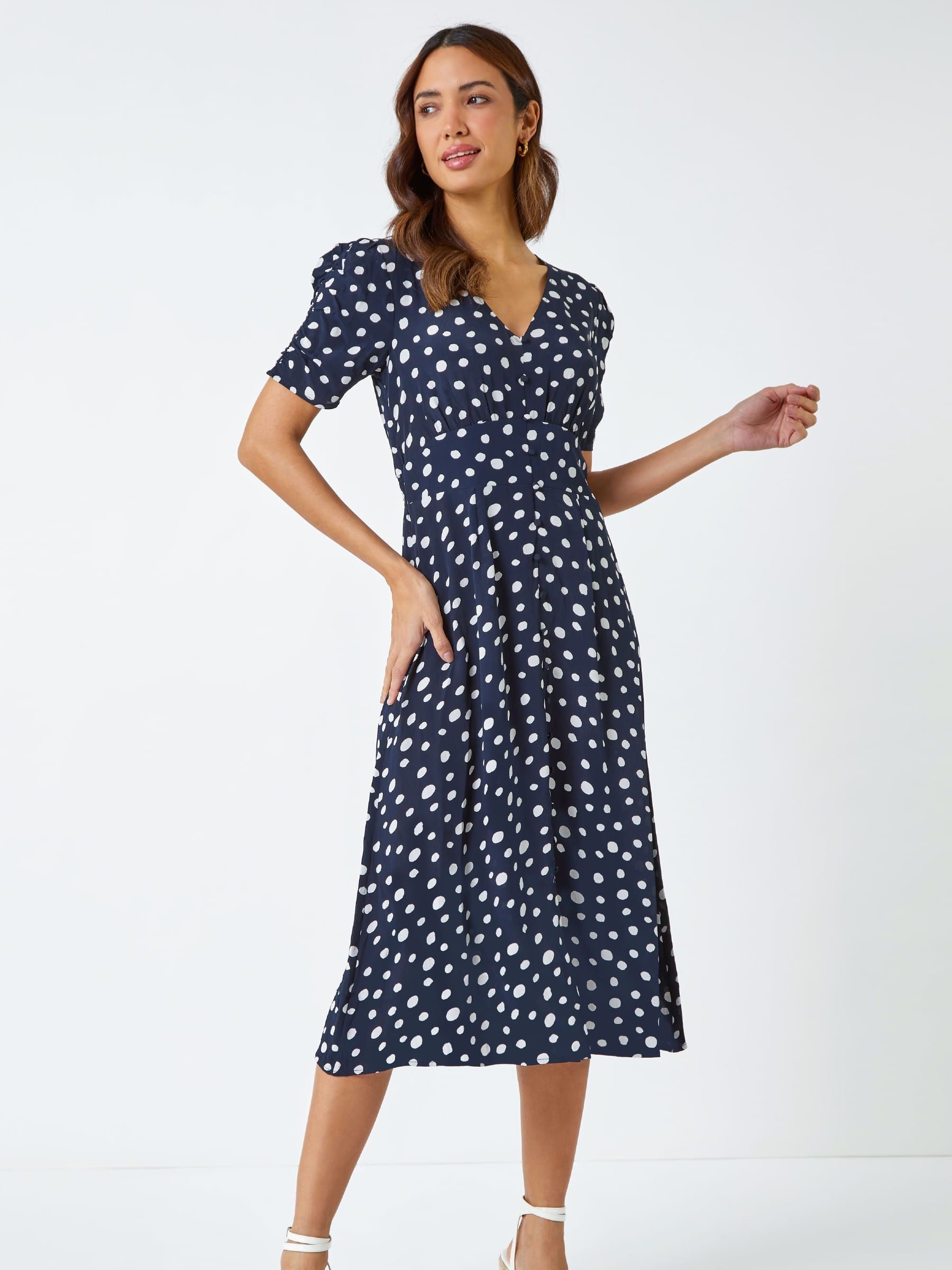 Buy Roman Blue Polka Dot Ruched Sleeve Midi Dress from the Next UK ...