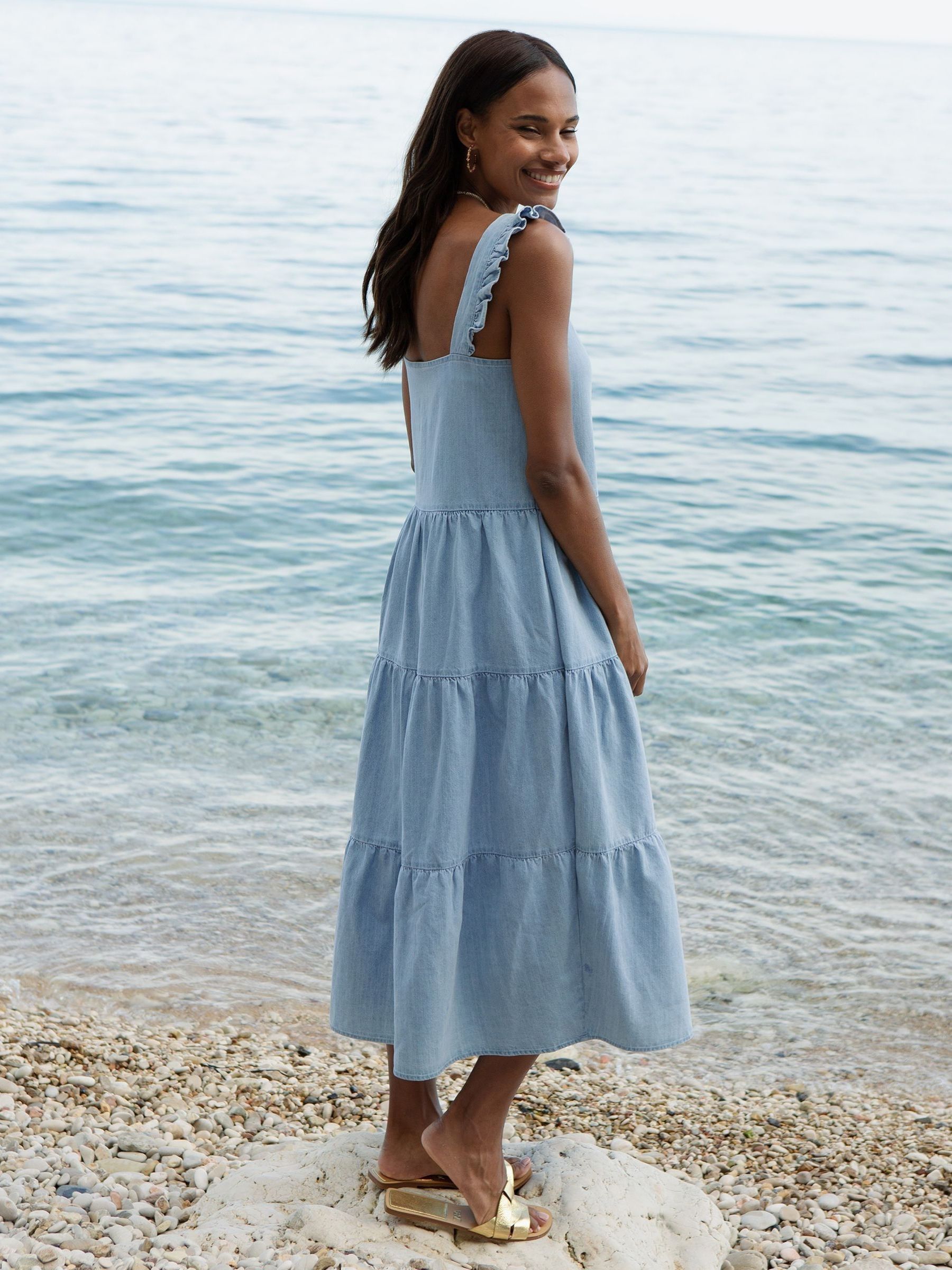 Buy Threadbare Blue 100% Cotton Linen Blend Tiered Midi Dress from the ...