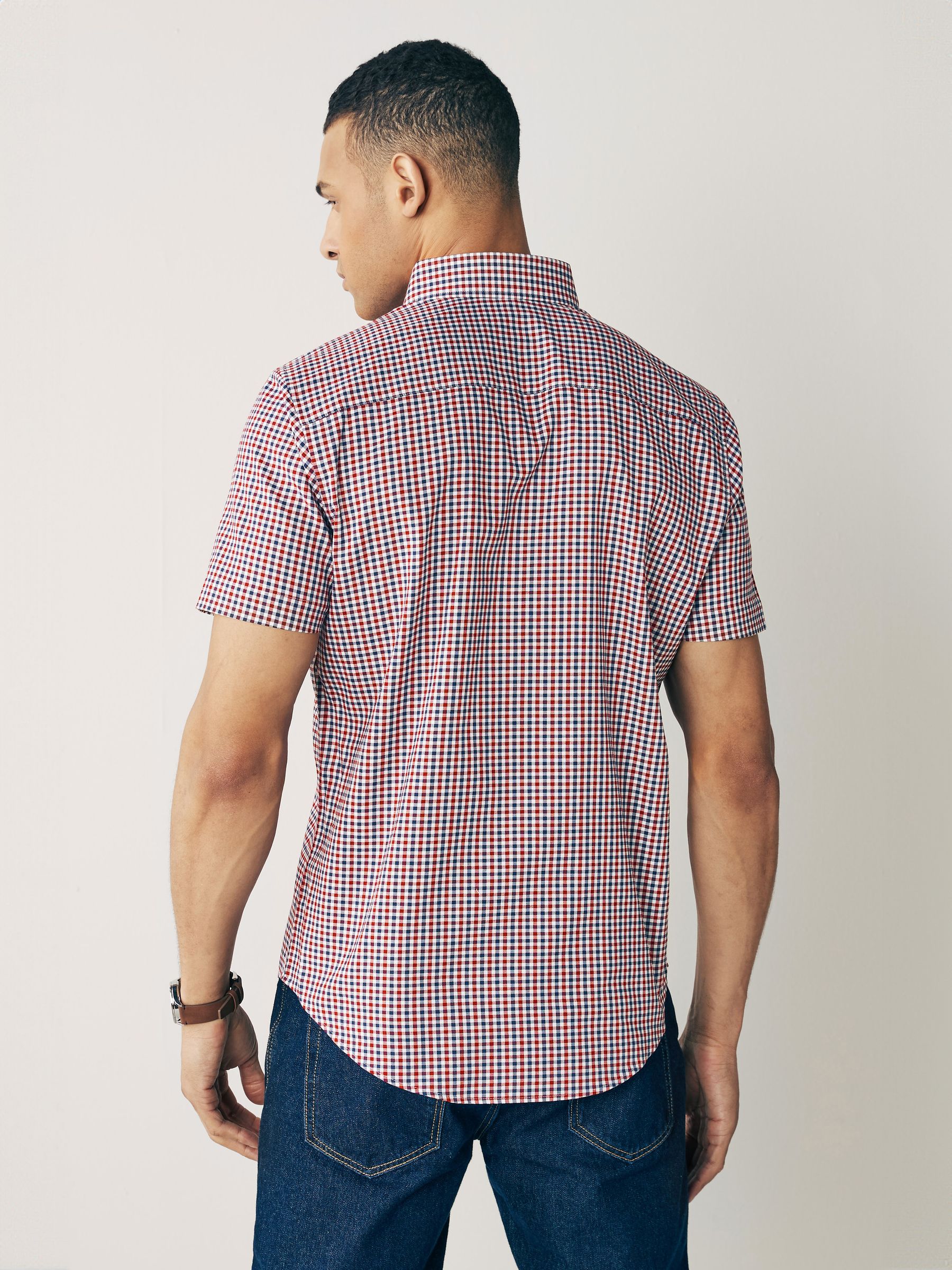 Buy Red Gingham Check Easy Iron Button Down Short Sleeve Oxford Shirt ...
